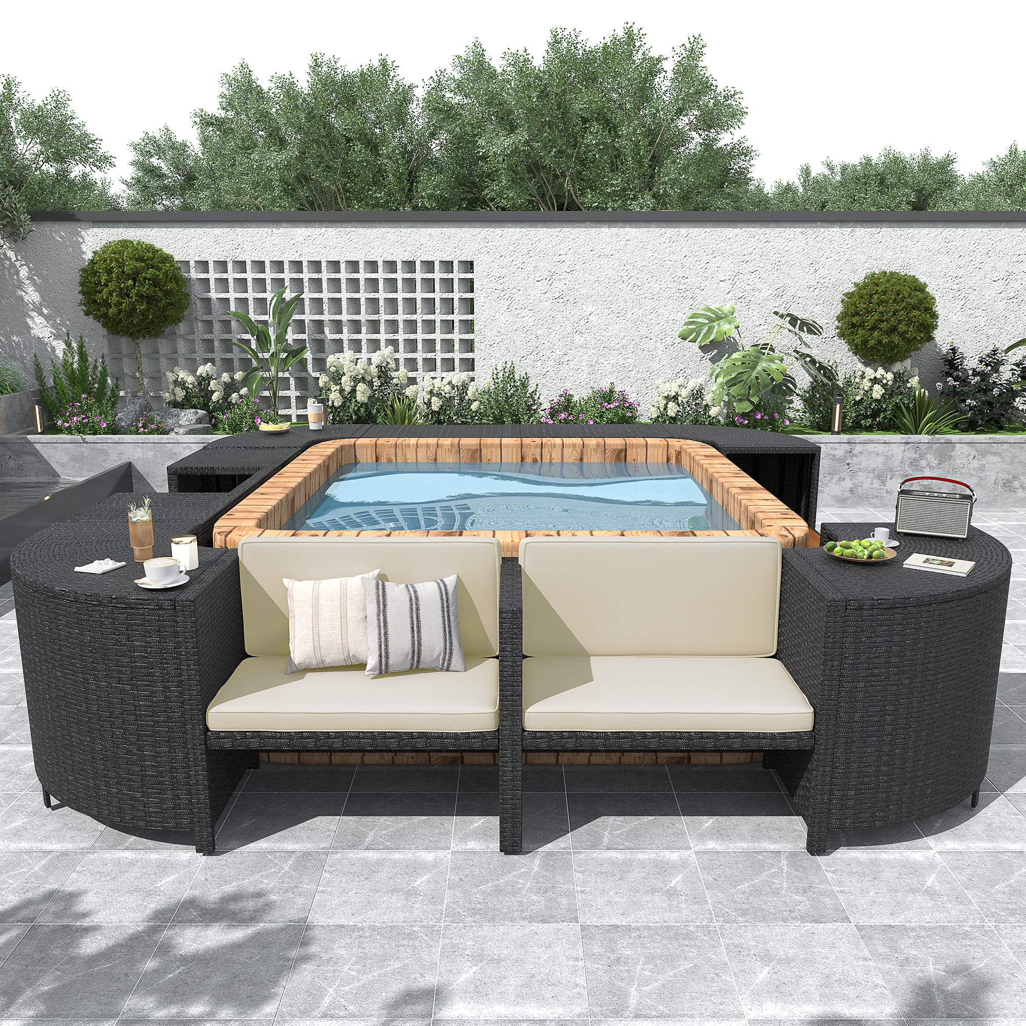 Harper & Bright Designs Spa Surround Spa Frame Quadrilateral Outdoor Rattan Sectional Sofa Set with Mini Sofa,Wooden Seats and Storage Spaces for Free Combination,Cream Beige