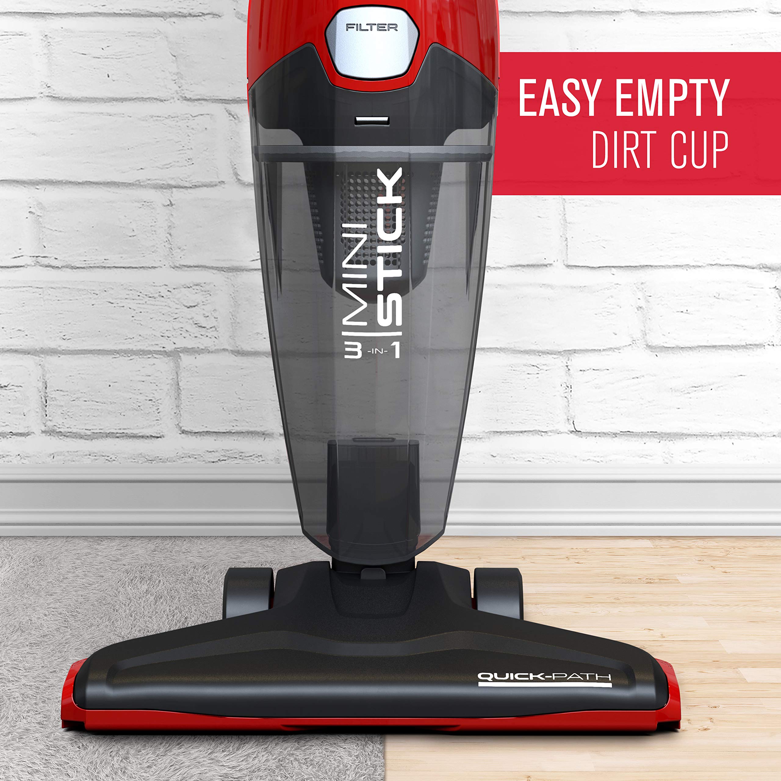 Dirt Devil 3-in-1 Mini Stick Bagless Vacuum Cleaner with Removable Hand Held Vac, Lightweight, SD22015PC, Red