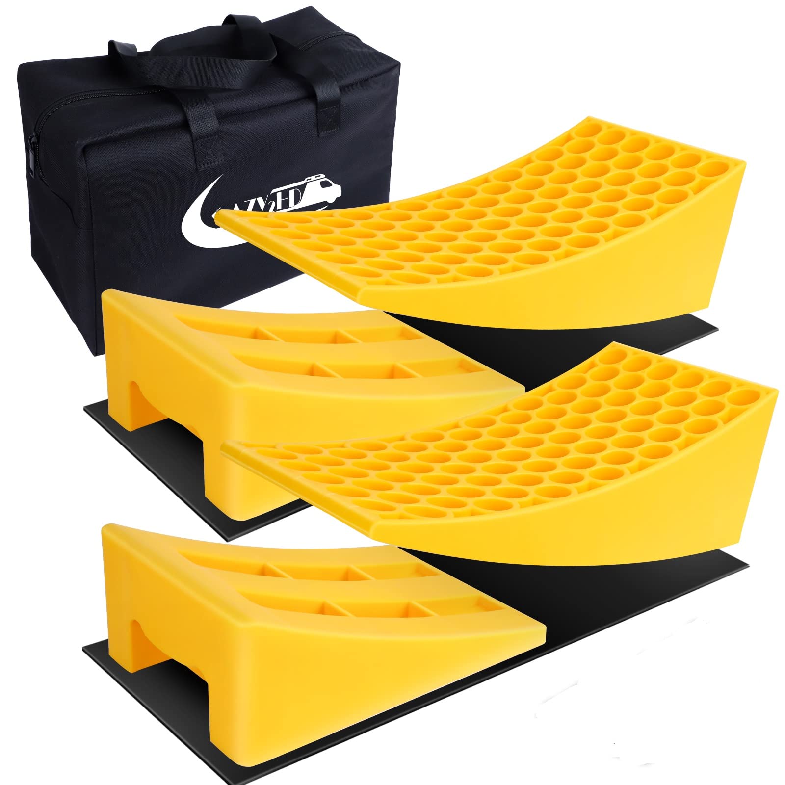 Eazy2hD Camper Leveler 2 Pack - RV Leveling Blocks, Includes Two Curved Levelers, Two Chocks, and Two Rubber Grip Mats, Heavy Duty Leveler Works for Camper