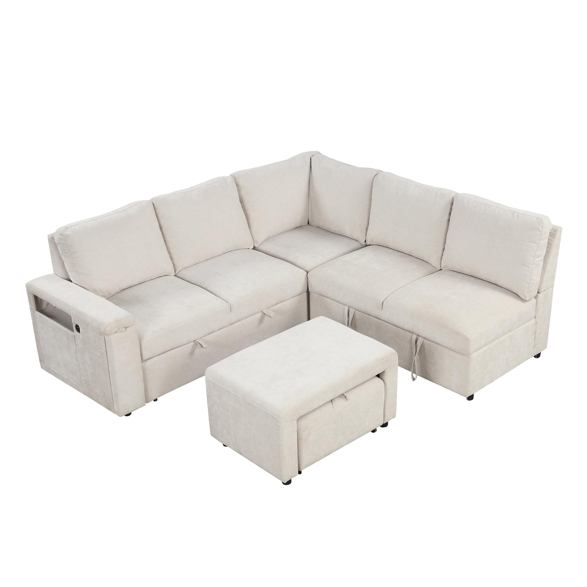 L-Shaped Corner Sectional Sofa Couch, Modern Padded Modular Sofa with Storage Space, USB Ports and Cup Holders on The Armrests, Suitable for Living Rooms, Offices, Apartments (Beige-87WD)