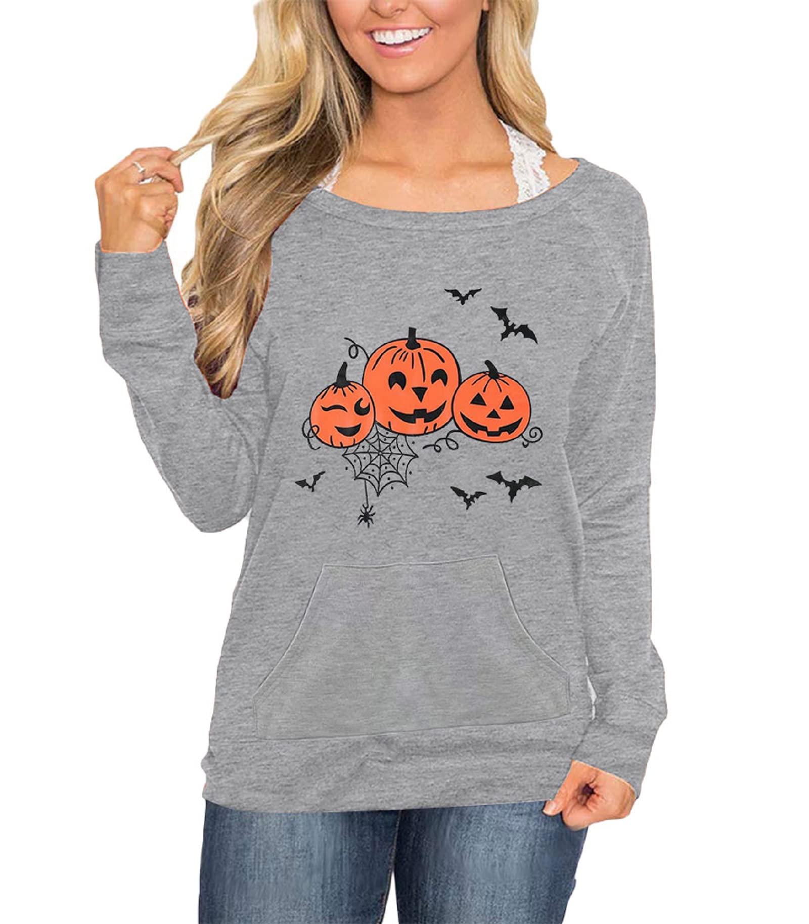 FLOYU Pumpkin Face Sweatshirt Women Halloween Off The Shoulder Tops Fall Pumpkin Pullover Halloween Long Sleeve Clothes