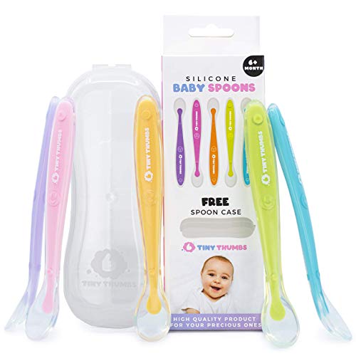 Tiny Thumbs Set of 5 Baby Spoons First Stage with Travel Spoon Case - Food Grade Silicone Infant Spoons with Soft Tips, Colorful Baby Utensils for Baby Lead Weaning