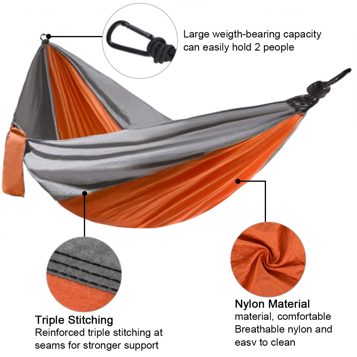 Double & Single Camping Hammock Lightweight Portable Parachute Nylon Hammock Set for Indoor and Outdoor (Full,Orange/Light Grey)