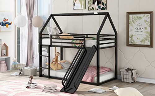 Tidyard Twin Over Twin House Bunk Bed with Ladder and Slide,Black for Bedroom Dorm Guest Room Home Furniture