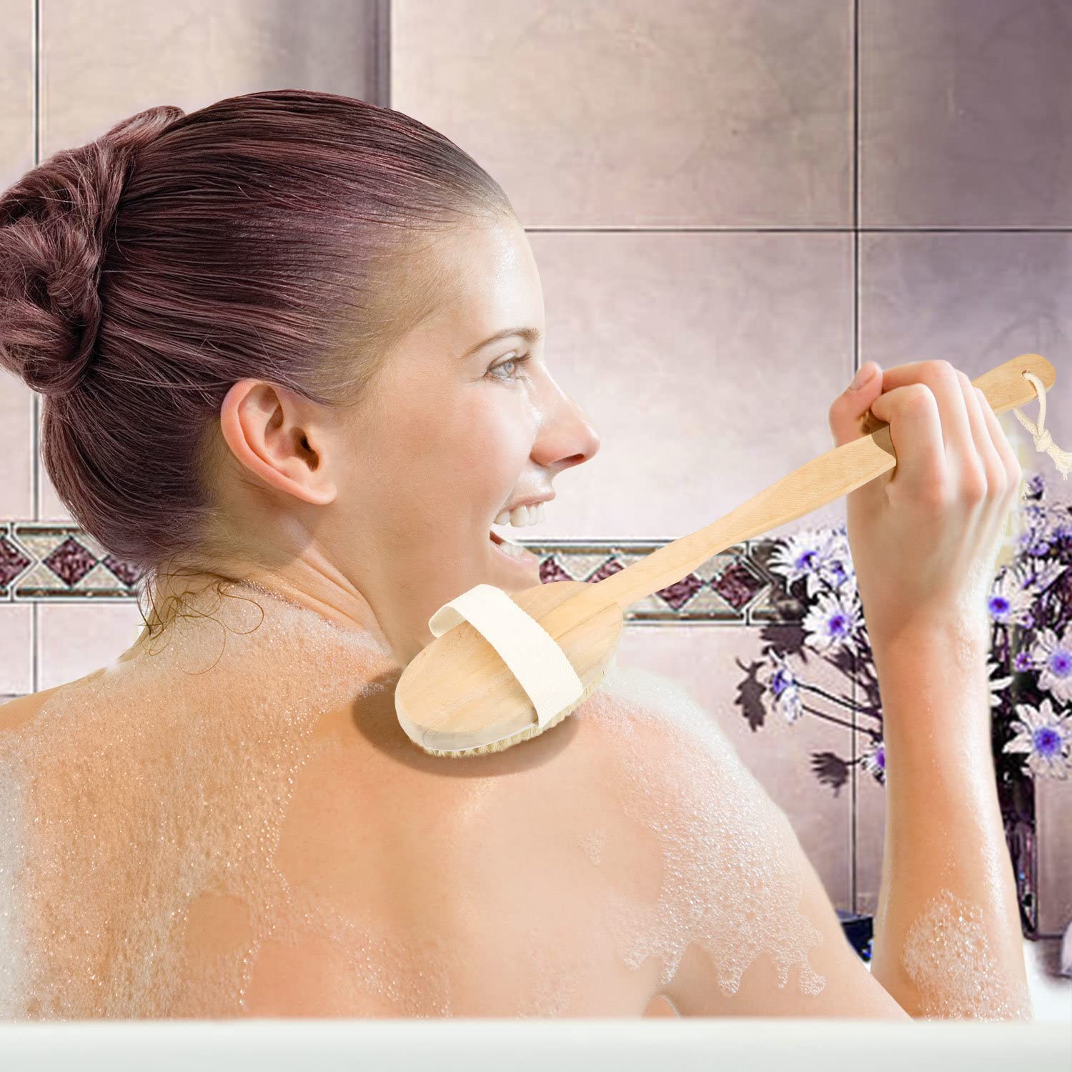 MengK Bath Brush 15" Shower Body Back Scrubber with Long Handle Detachable Brush