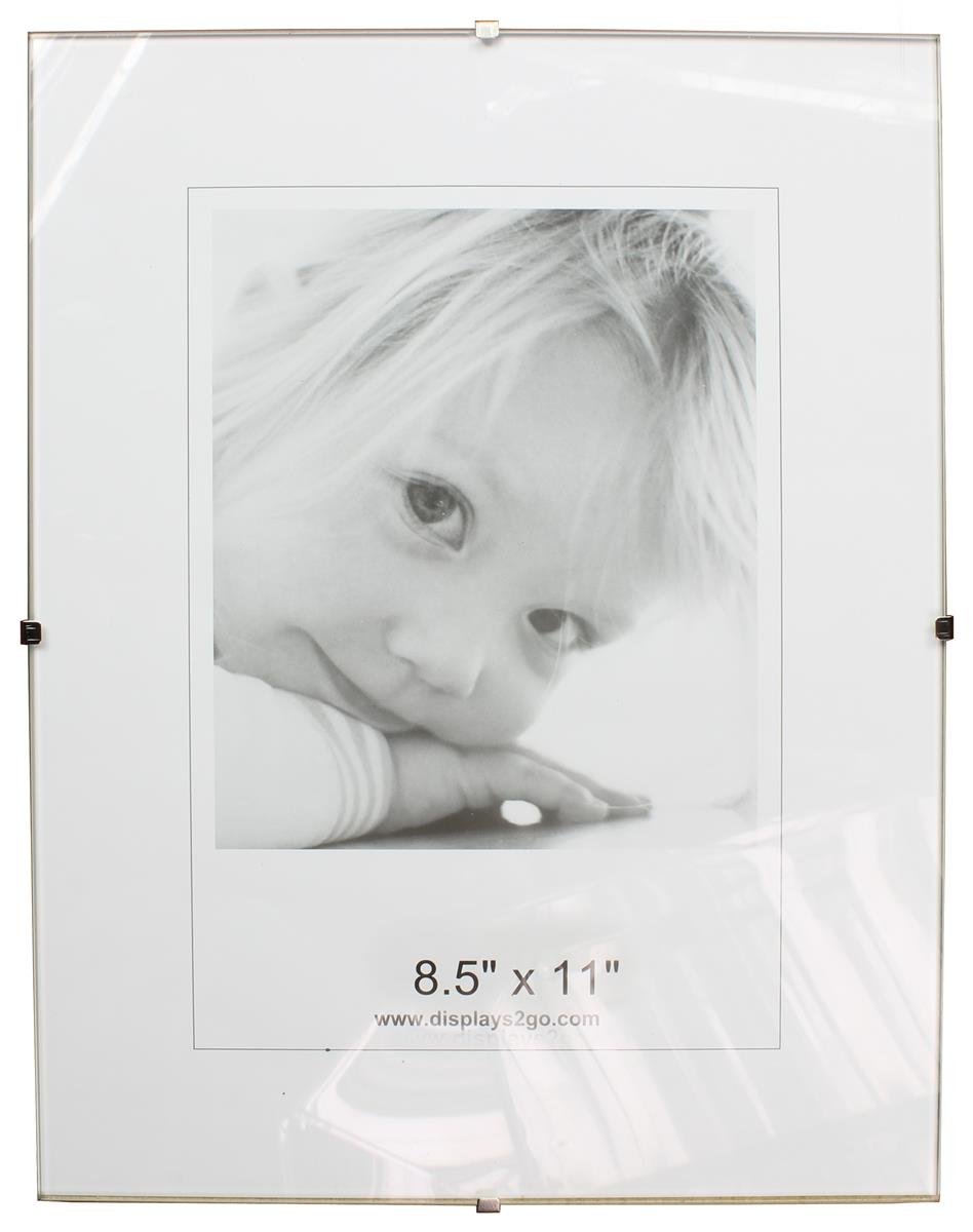 Displays2go 8-1/2 x 11 x 1/4-Inch, Tempered Glass Frameless Clip Picture Frame For 8-1/2 x 11-Inch Documents, Wall-Mounted - Sold In Sets Of 6