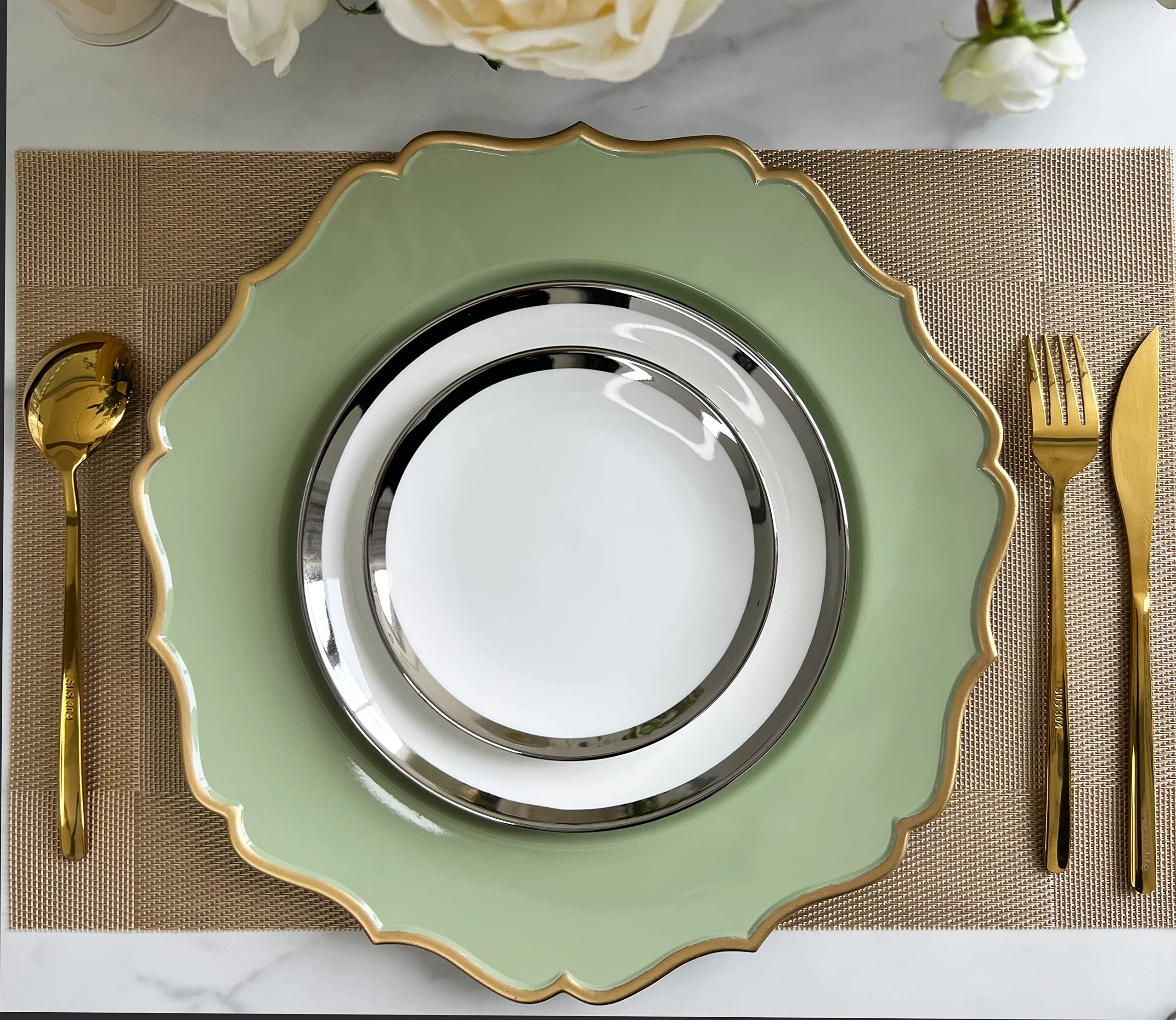 Henilosson Green Charger Plates Gold Trim - Classic Plate Chargers for Dinner Plates - Set of 6 Dinner Chargers(6,Green)