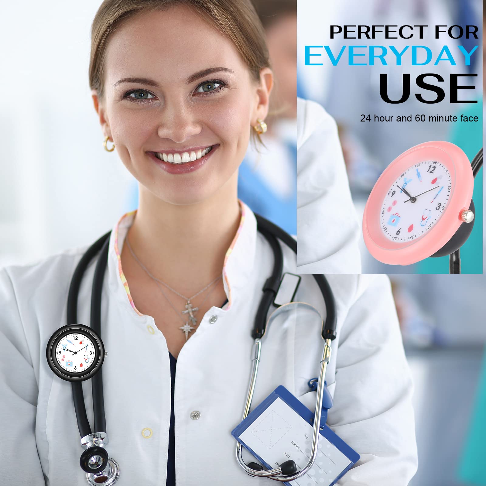 Janmercy 4 Pcs Stethoscope Watch with Medical Symbols for Doctor Clinic Staff Tunic Nurses Stethoscope Clock Watches Clip on Watch Lightweight Frame Nursing Stethoscope Accessories