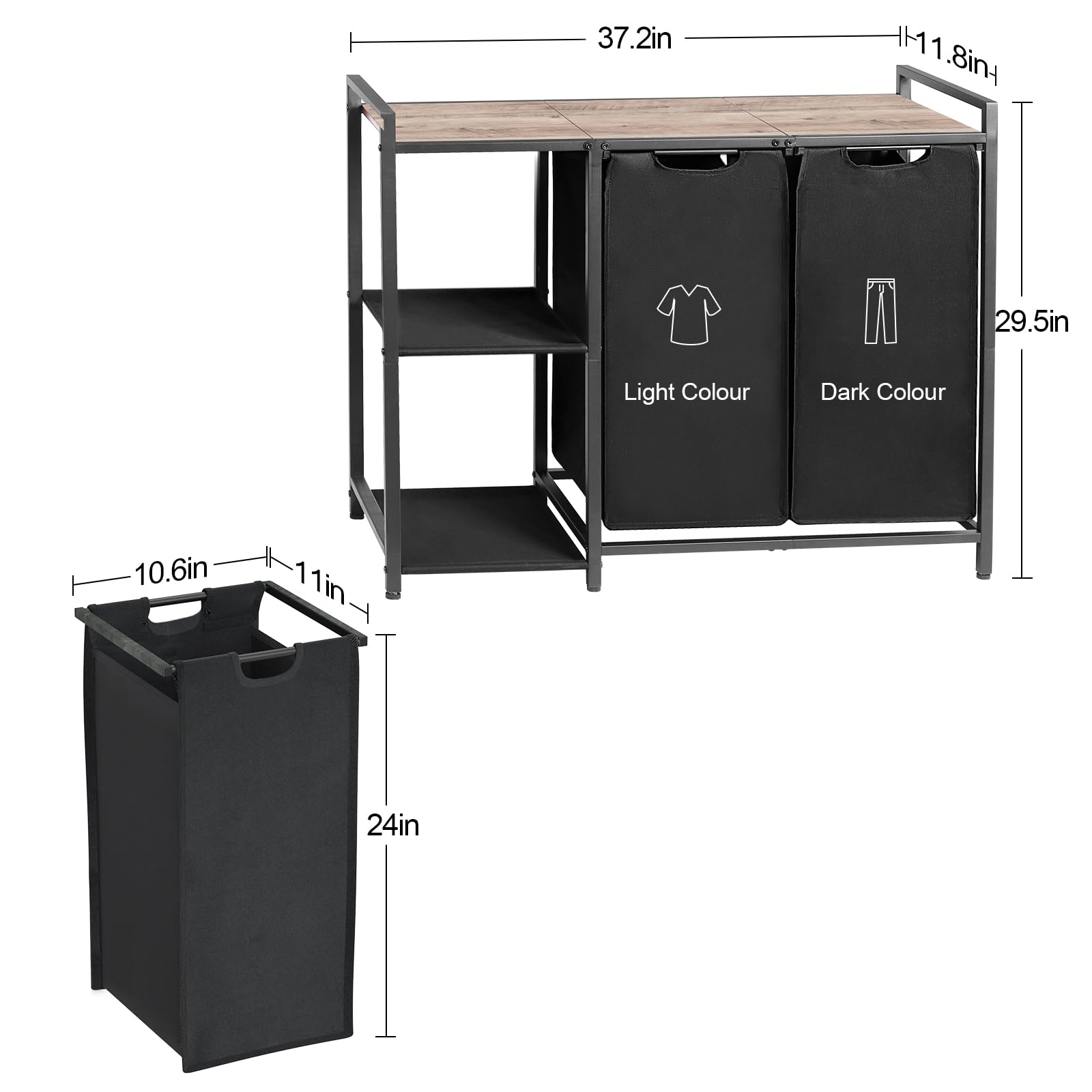 LOAKEKEL Hamper, Laundry Basket 2 Section, Laundry Hamper with 2 Pull-Out and Removable Bags, Dirty Clothes Hamper, Laundry Sorter with Shelf, Laundry Organizer for Bathroom HLS021GY