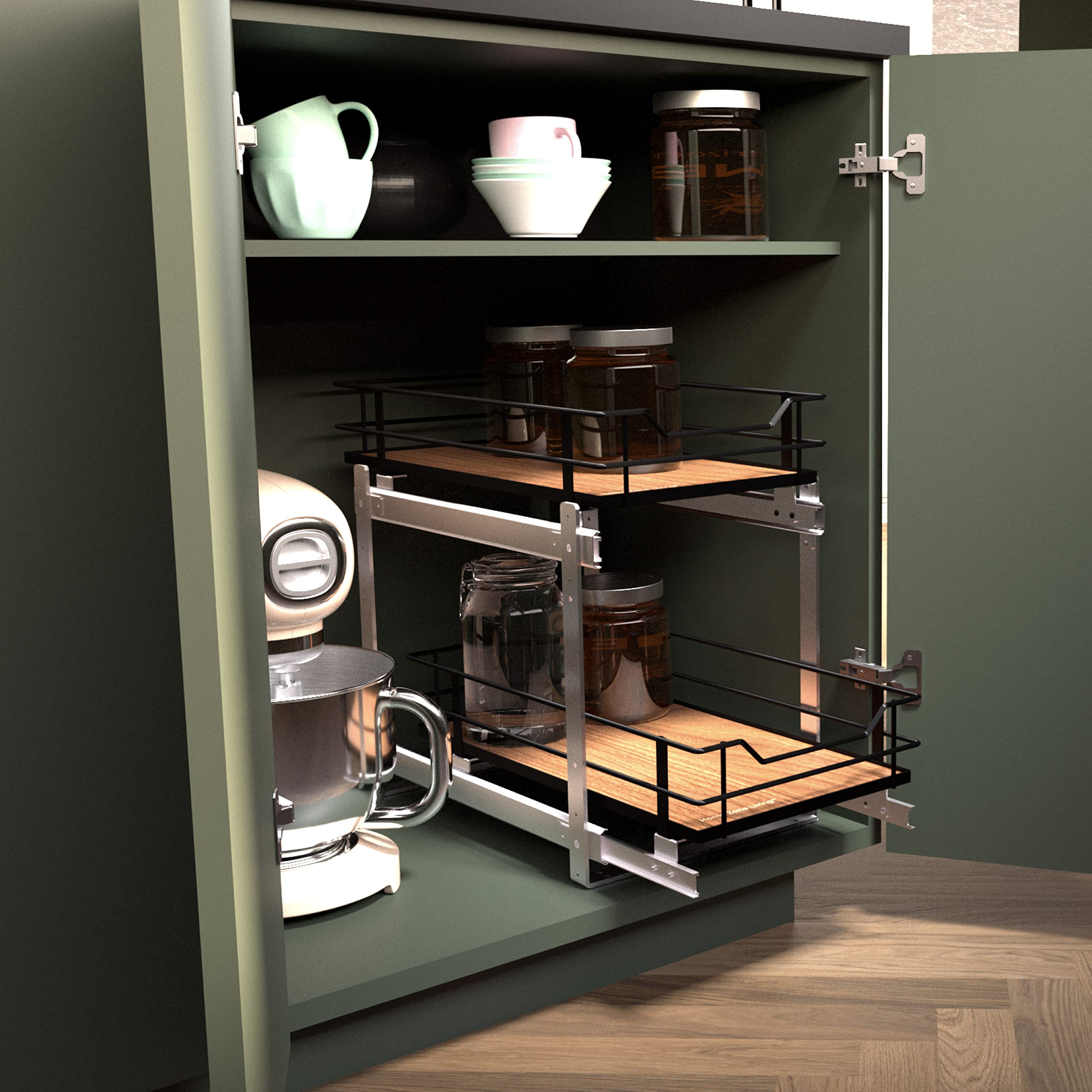 Home Zone Living Pull Out Kitchen Cabinet Organizer with 2 Tiers of Storage for Easy Access, 12”W x 20”D, Matte Black with Dark Brown, Virtuoso Collection