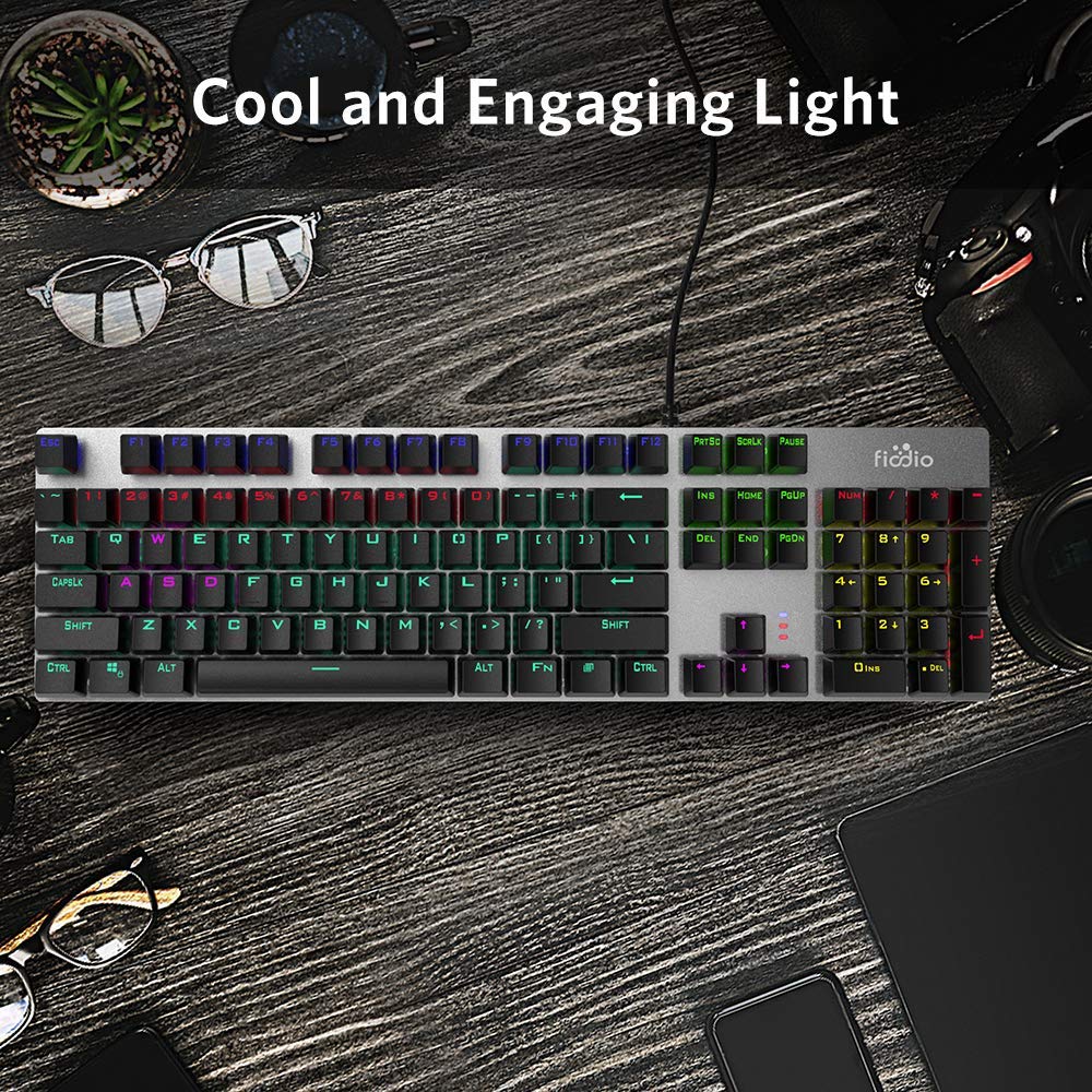 FIODIO Mechanical Gaming Keyboard, Fantastic LED Rainbow Backlit Wired Keyboard, Full Anti-Ghosting Keys, with Quick-Response Blue Switches and Multimedia Control for PC and Desktop Computer (Renewed)