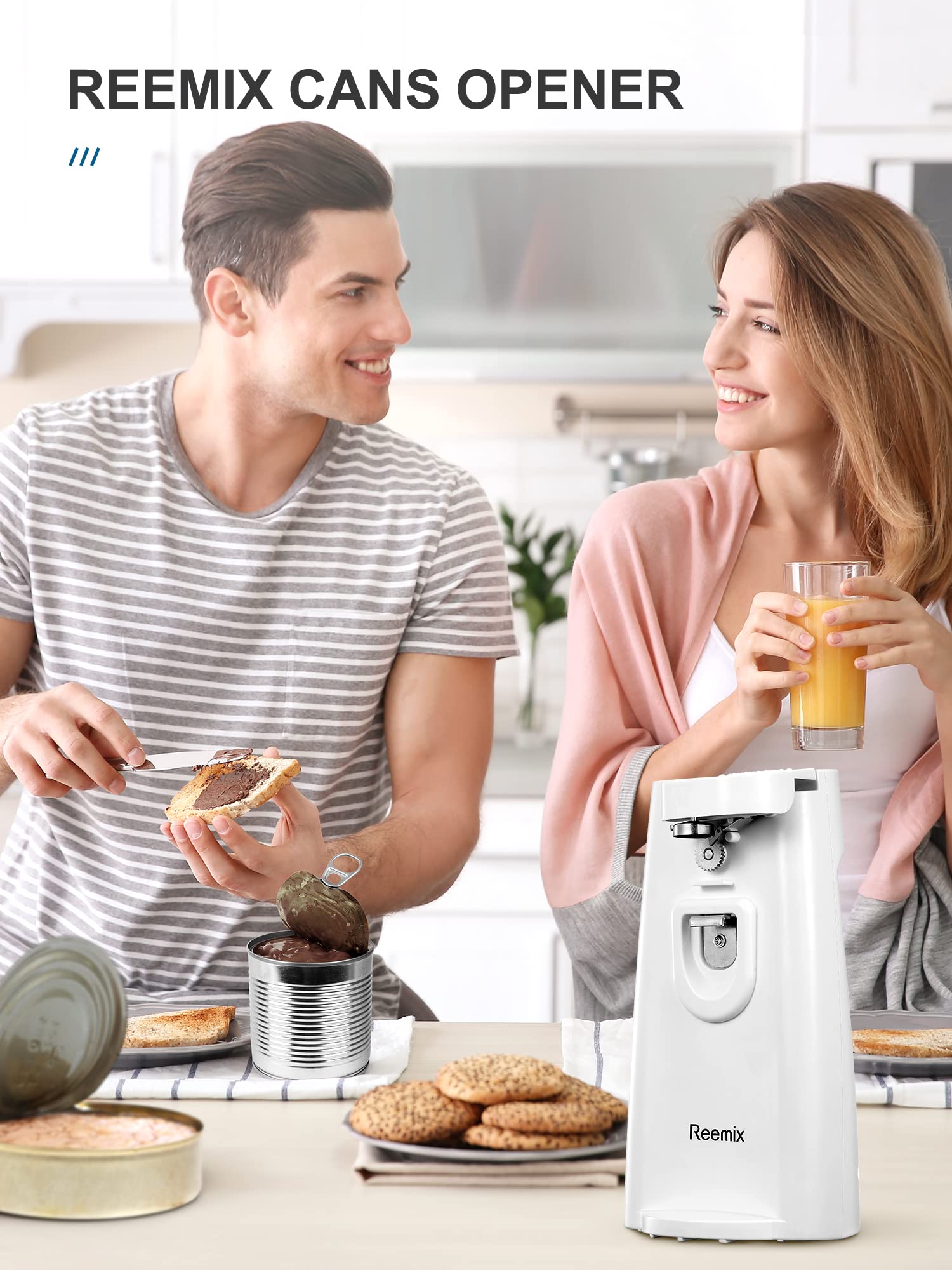Electric Can Opener, Reemix Automatic Can Opener with Knife Sharpener and Bottle Opener 3 in 1, Easy Push Down Lever (White)