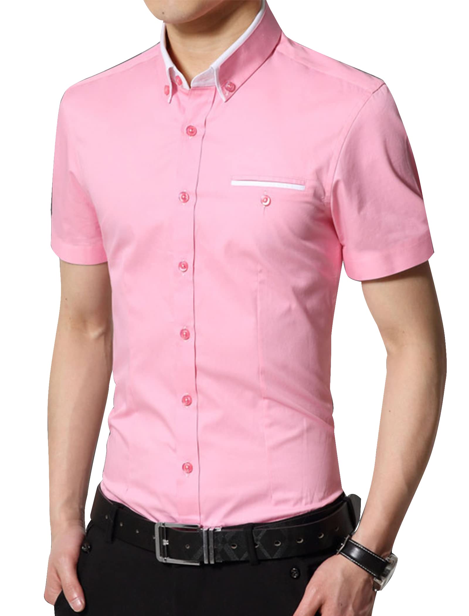 FLY HAWK Men's Short Sleeve Casual Button Down Shirts, Slim Fit Contrast Collared Summer Button Up Shirts for Men Pink Medium