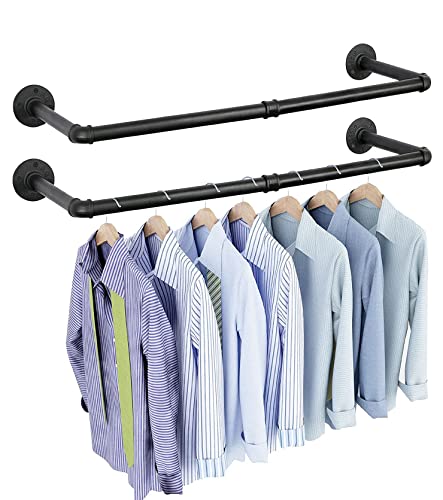 OROPY Industrial Pipe Clothes Rack Wall Mounted Set of 2, 38.4 inches Heavy Duty Iron Pipe Clothing Garment Rail, Multi-Purpose Clothing Hanging Rod for Laundry Room and Closet Storage