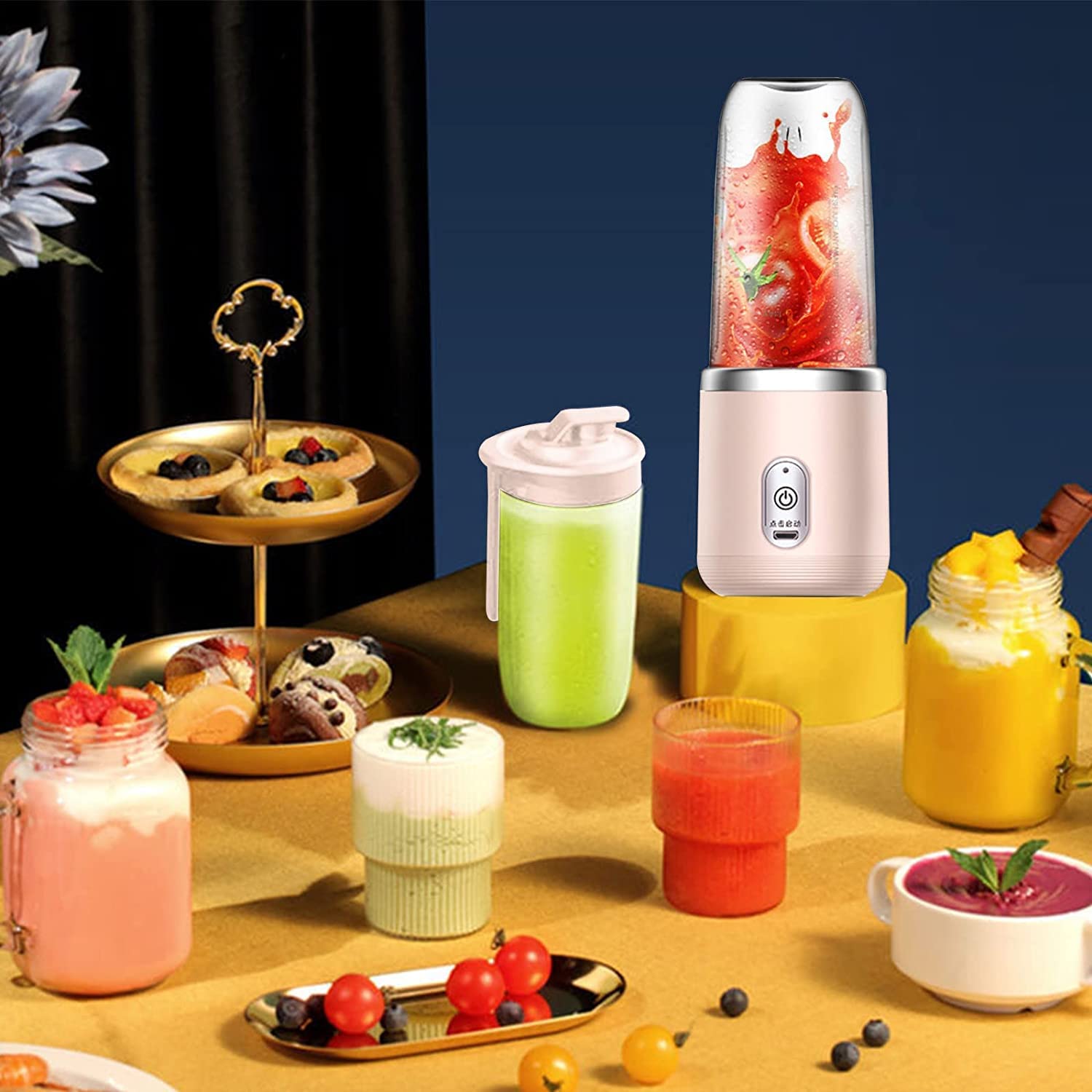HICCVAL Portable Blenders for Shakes and Smoothies, Fruit Juicer USB Rechargeable With 6 Blades, Handheld Blenders for Sports Travel Outdoors Pink