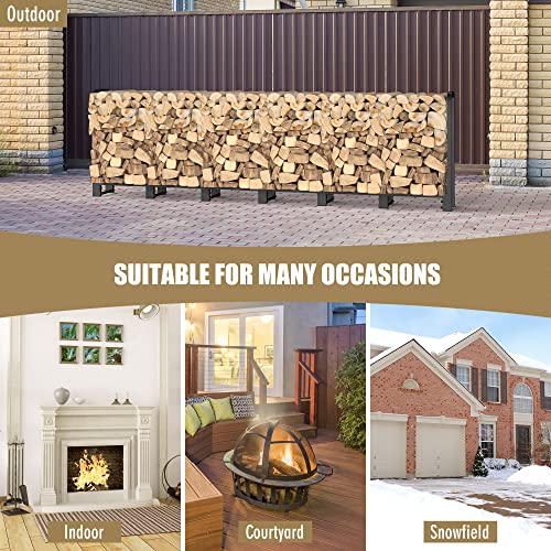 Hokut Firewood Rack Outdoor with Waterproof Cover - Upgraded Heavy Duty 8ft Log Rack Indoor Holder - Adjustable Fire Wood Racks - Black Storage Organizer Stand Tool for Fireplace