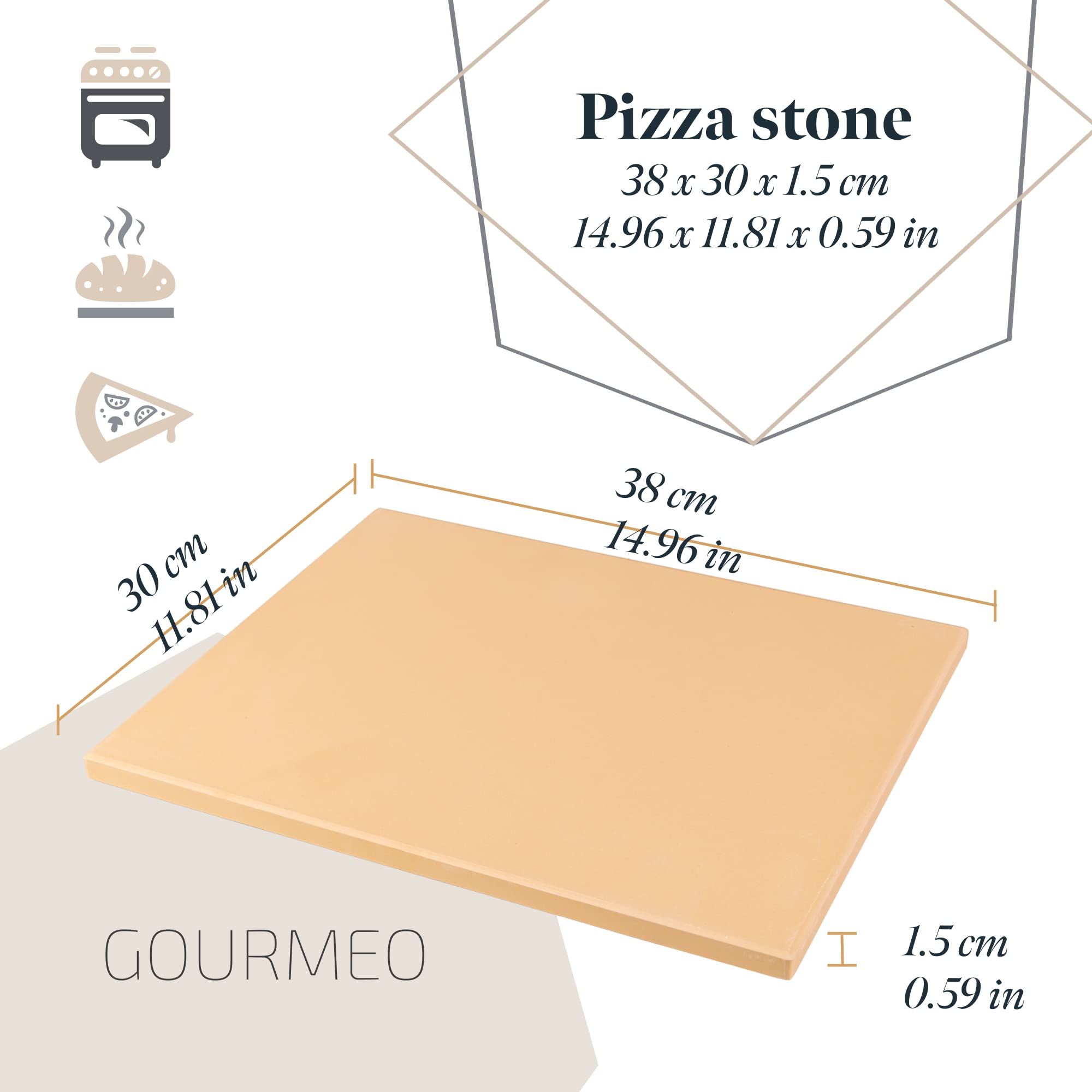 GOURMEO Pizza Stone Pan and Wooden Pizza Paddle - 15x11.8x0.6 inch - Cordiete Bread Beaking Stone w/Pizza Peel - Suitable for Oven & Grill