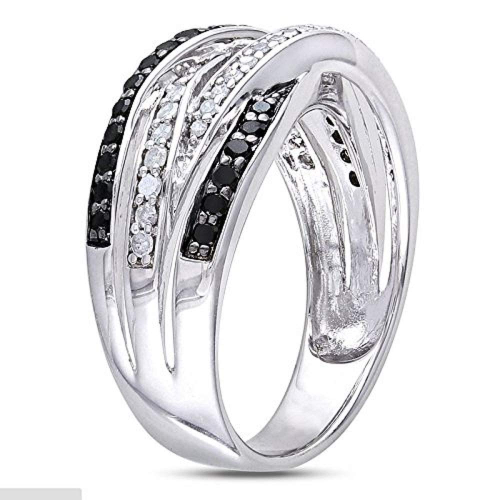 DOCCESTU 925 Silver Jewelry Black & White Sapphire Two Tone Black and White Pave Cubic Zirconia CZ Criss-Cross X Band Ring Size 6-10 (US Code 7)