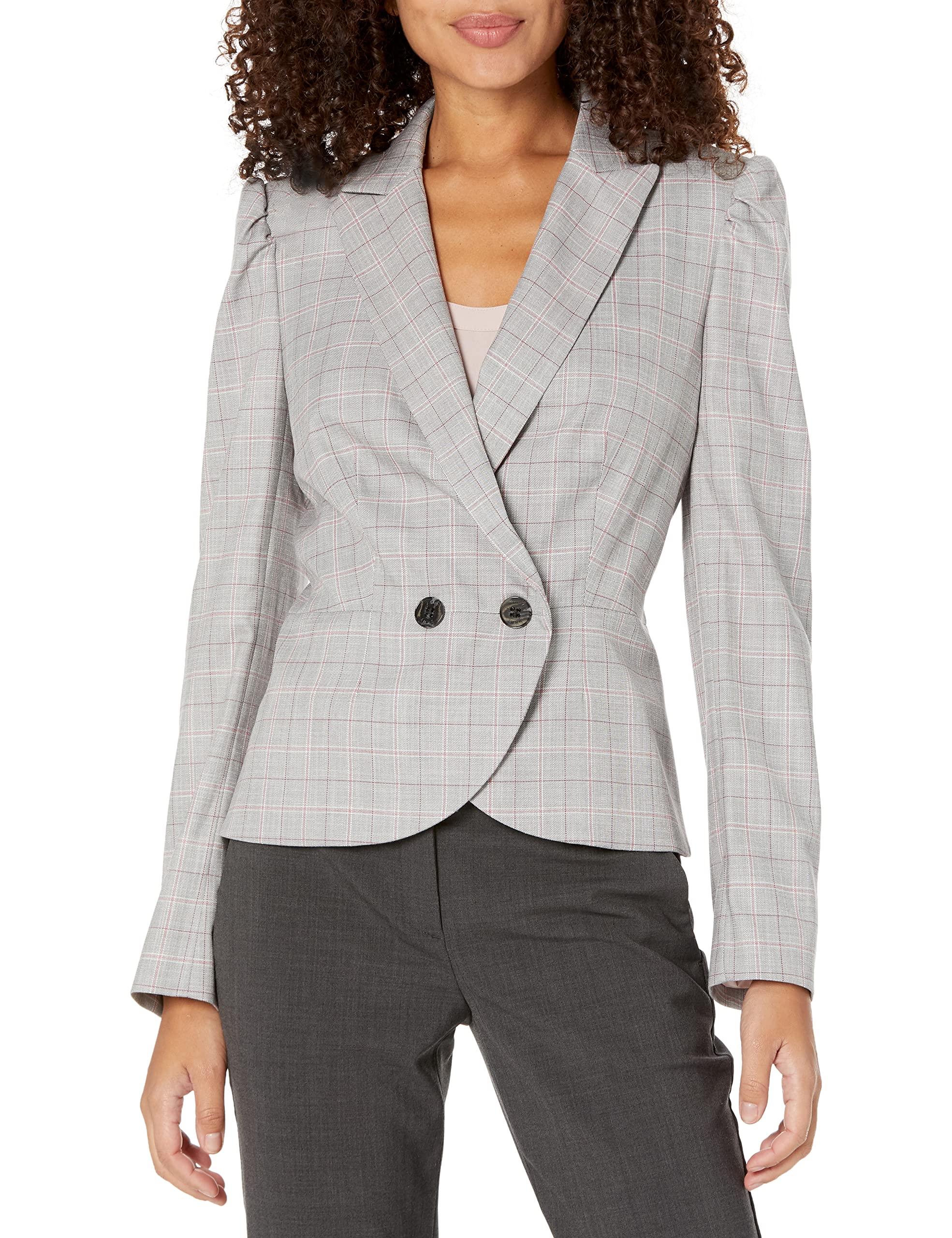 DKNY Women's Long Sleeve Peplum Jacket, Grey/Pomegranate