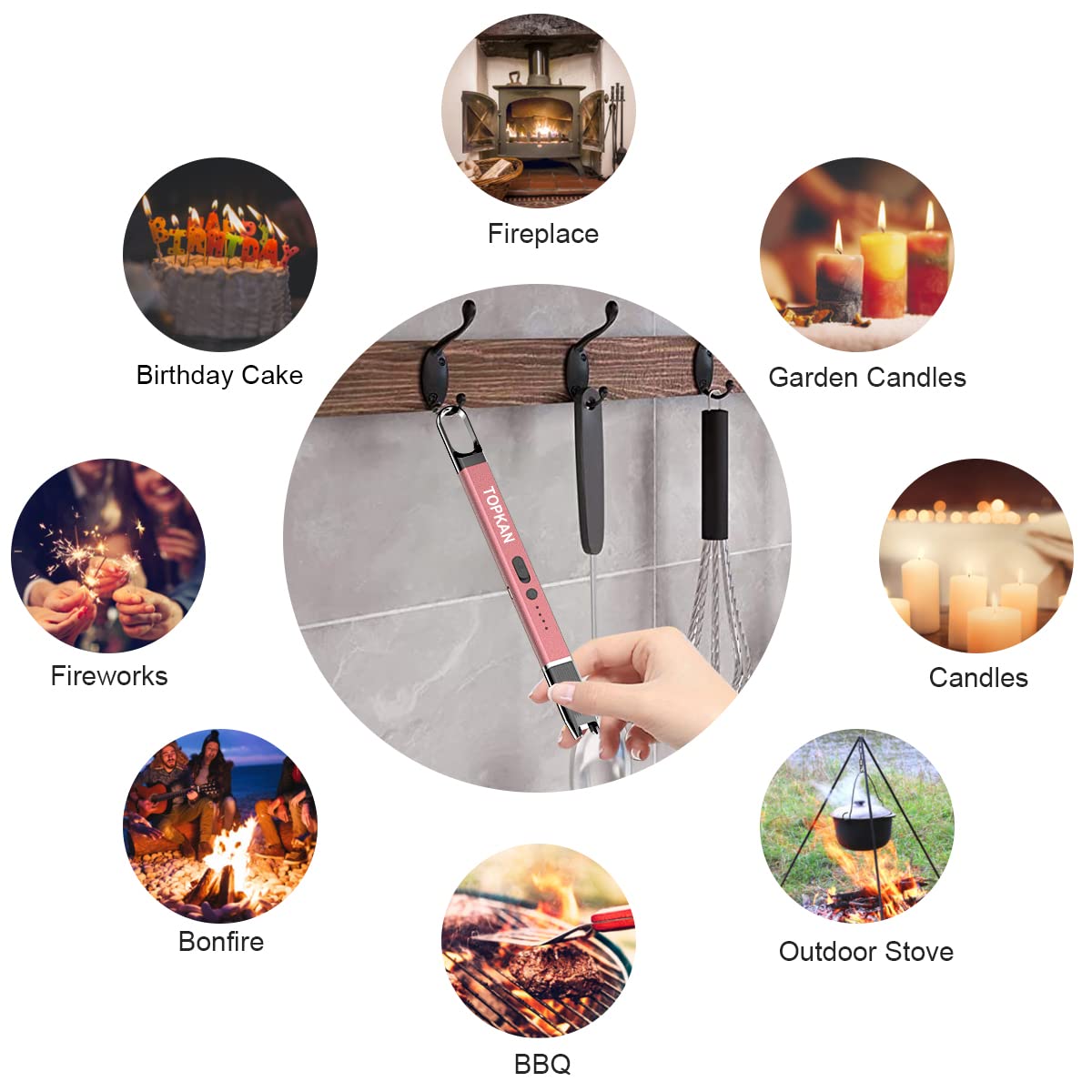 Electric Lighter, Candle Lighter, Windproof USB Rechargeable Electronic Plasma Arc Lighter with Safety Lock, Battery Indicator, Long Lighter for Candle, Camping, BBQ, Grill, Fireplace (Rose)