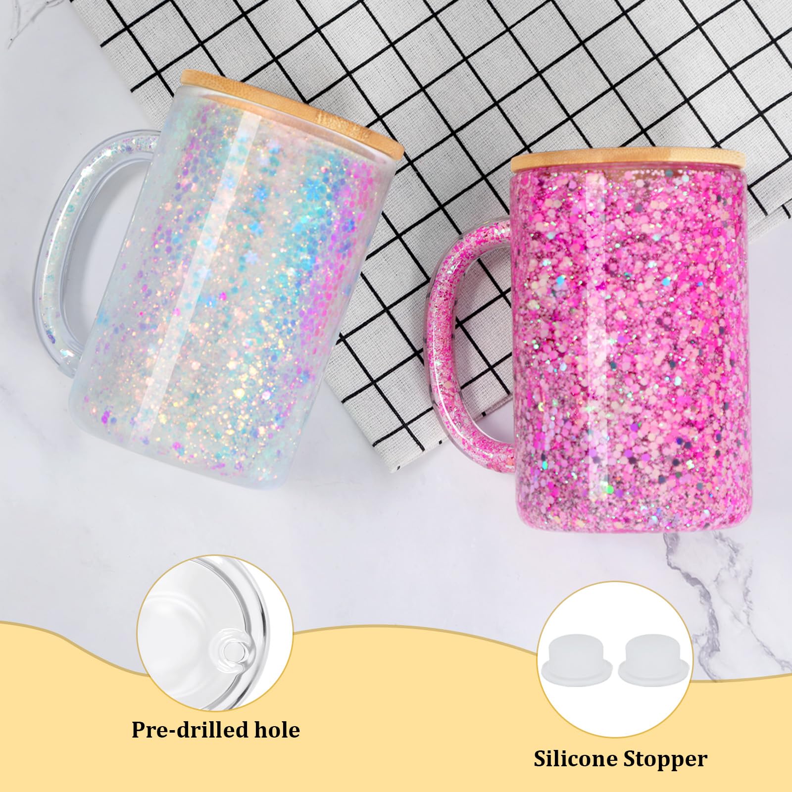 Maucircol 16 Oz Snow Globe Glass Cup With Handle, 4 Pack Pre-Drilled Double Wall Glass Coffee Mug For Snow Globe Diy Glitter, Double Wall Snow Globe Tumbler