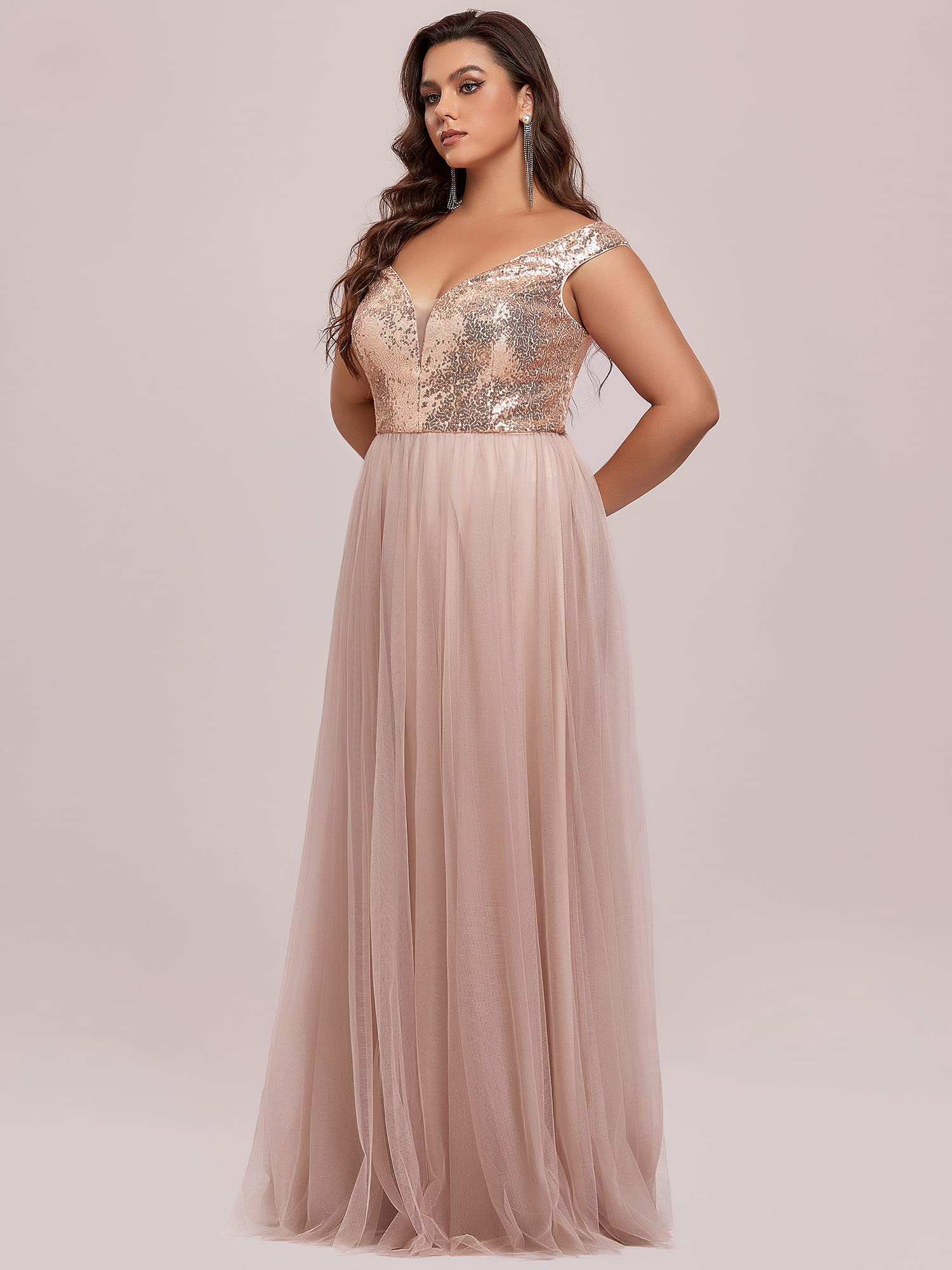 Ever-Pretty Women's Cap Sleeve Sequin Plus Size A-line Tulle Wedding Party Dress Long Rose Gold US24