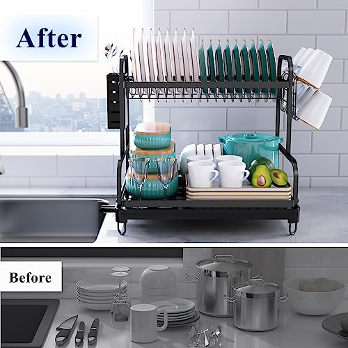 Kitsure Dish Drying Rack - Multipurpose 2-Tier Dish Rack, Dish Drainers for Kitchen Counter, Large-Capacity Dish Dryer, Kitchen Drying Rack for Dishes w/Cutlery Holder 4064GY