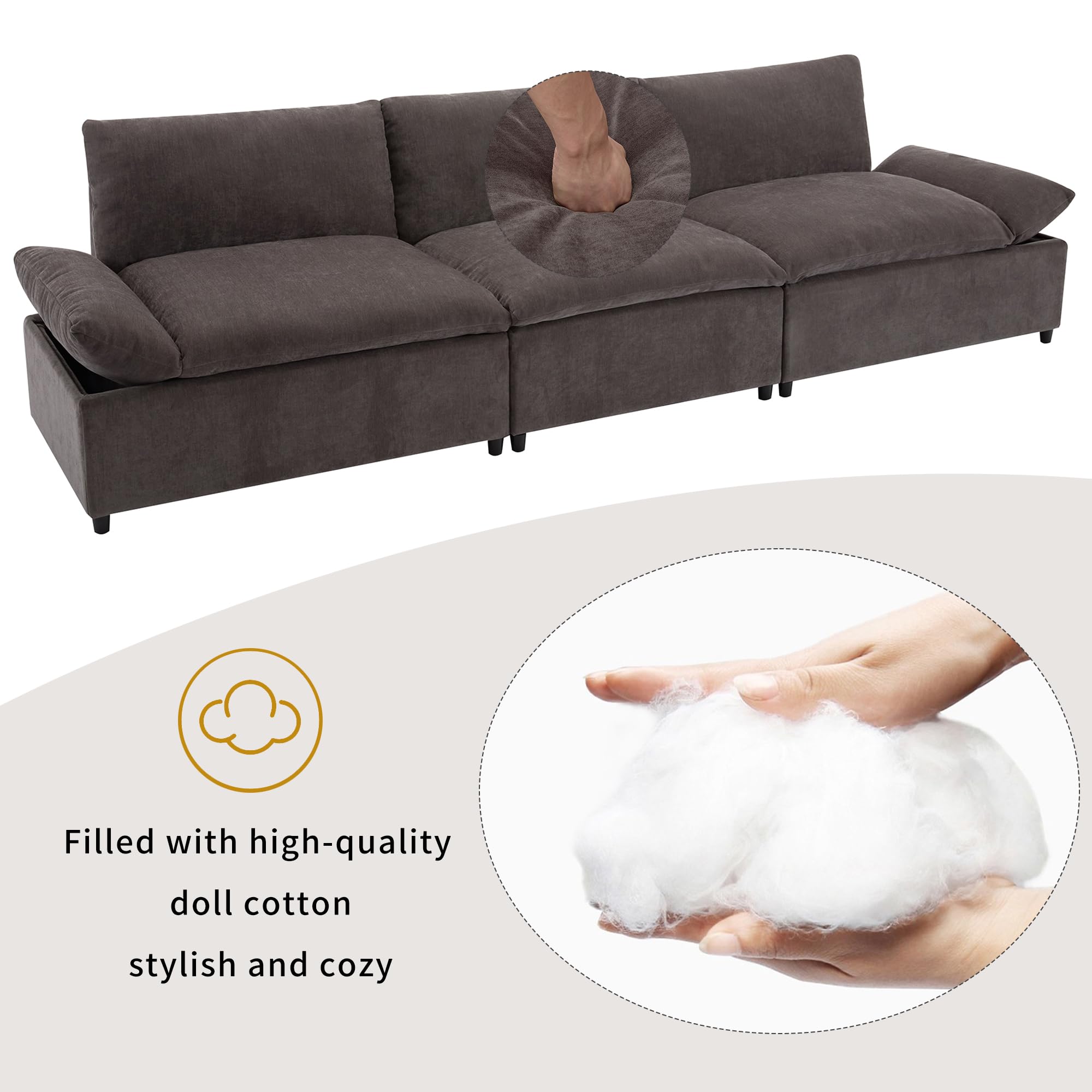 Merax 119.5" Upholstered 3 Seater Sofa, Comfy Cloud Couch with 2 Storage Units, Modern Deep Seat for Living Room Bedroom Apartment, Gray