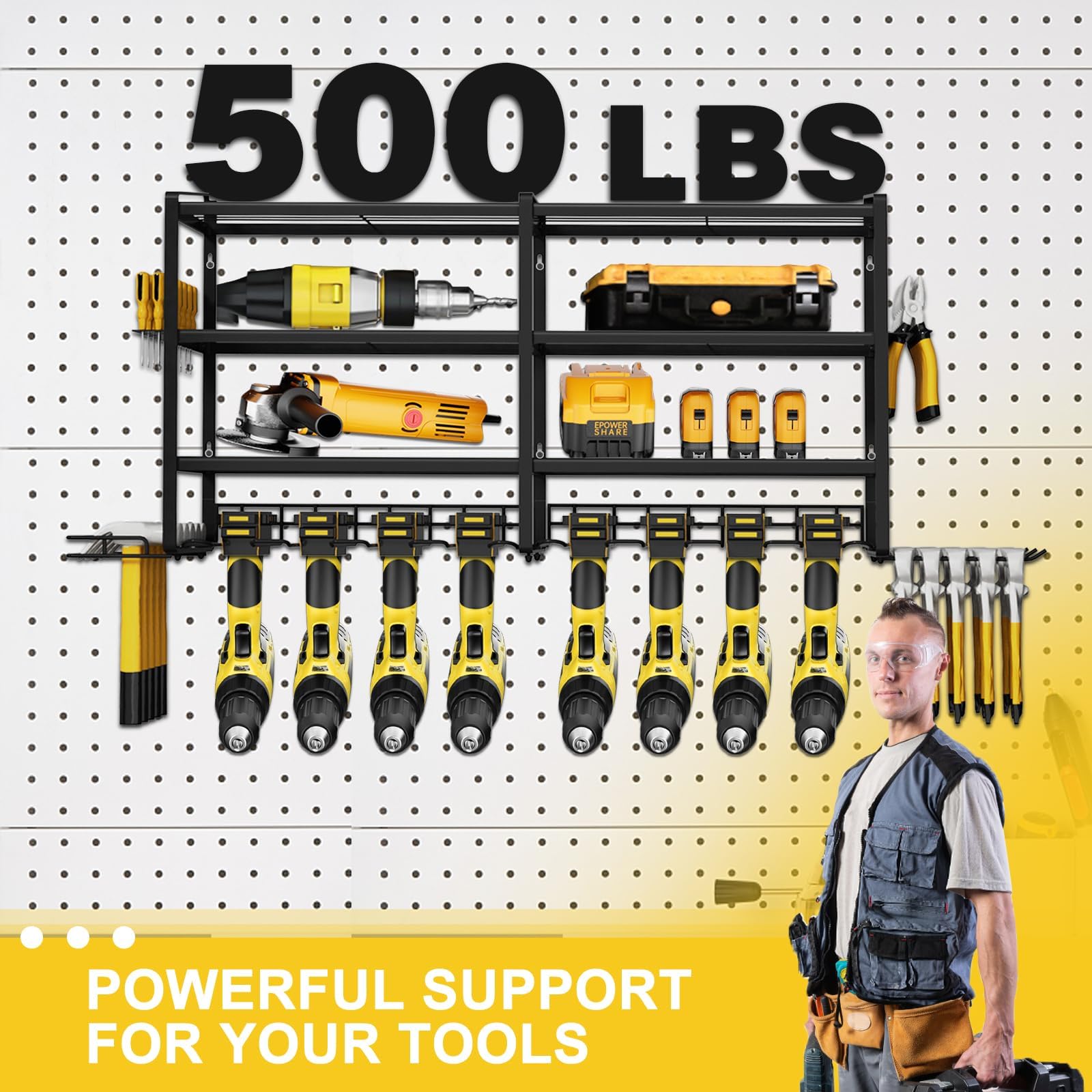 LADER Power Tool Organizer, 8 Drill Holder Wall Mounted, 4 Layer Heavy Duty Metal Tool Shelf, Garage Tool Organizer and Tool Storage Rack with Screwdriver Holder/Plier Holder/Hammer Holder