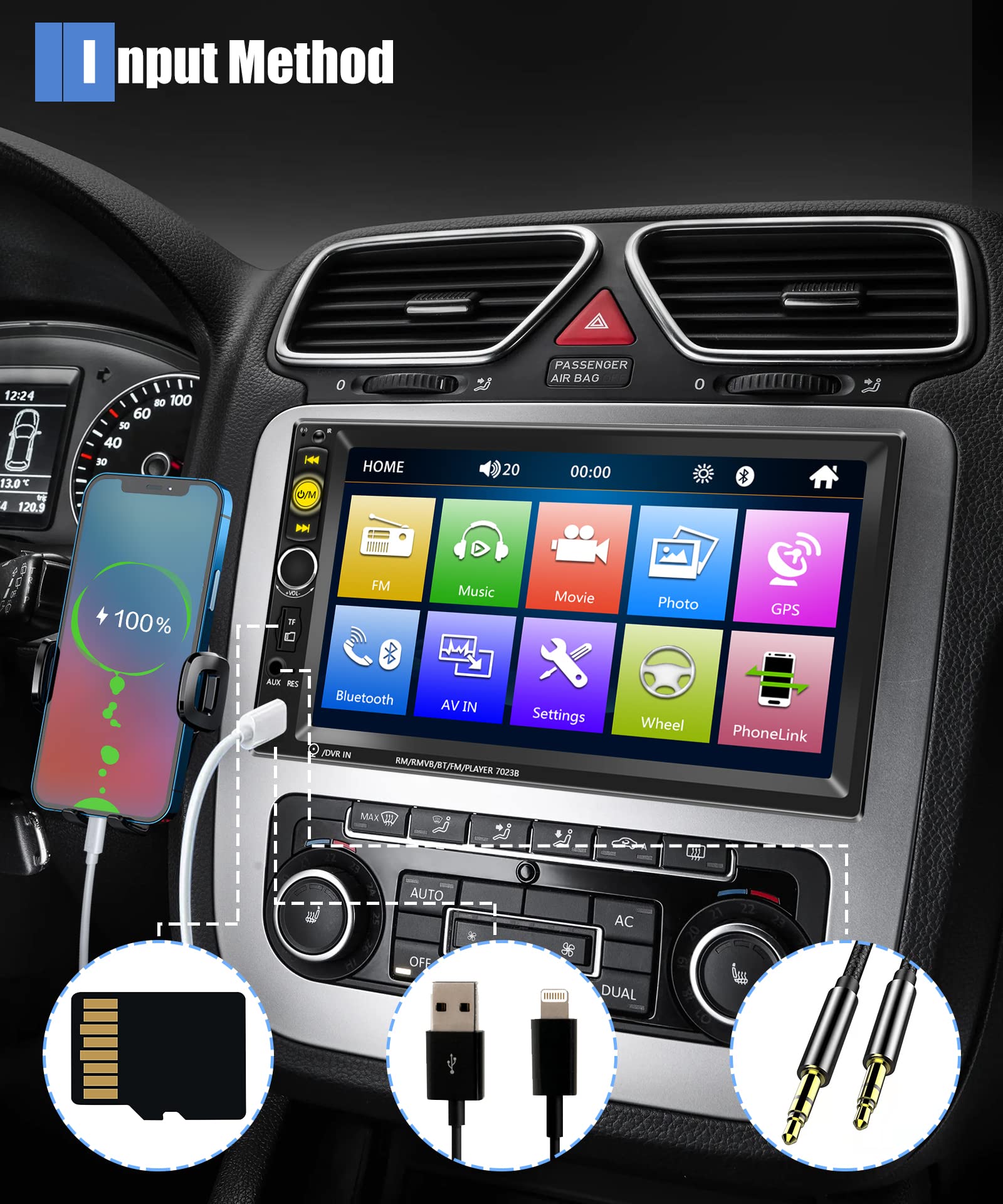 Double Din Car Stereo Car Radio with Bluetooth 7 Inch Touch Screen FM Radio Mirror Link USB 2 Din Car Audio Receiver Remote Control Steering Wheel Control Backup Camera