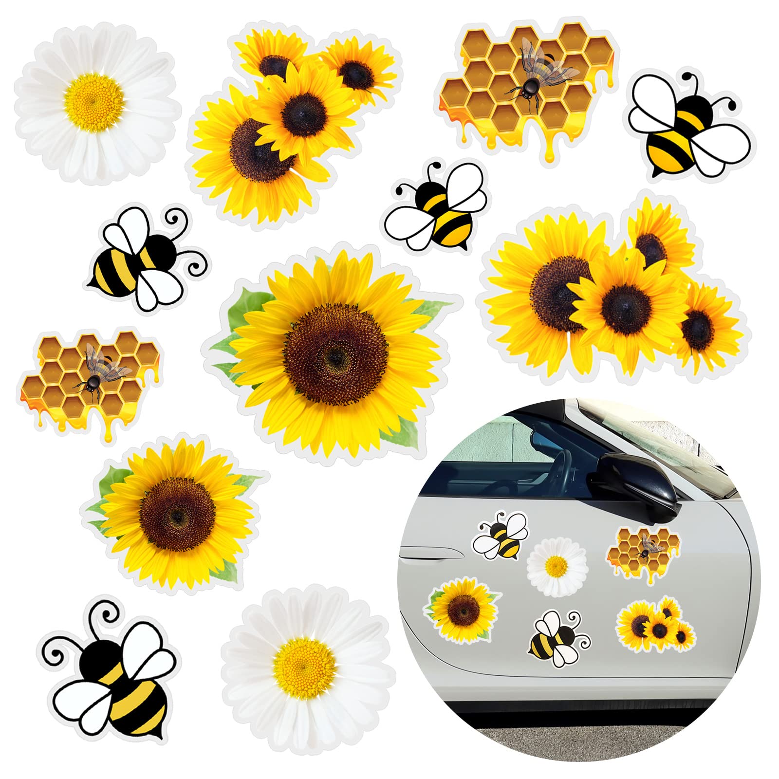 Hoteam 12 Pieces Car Magnets Sunflower Magnet Bee Honeycomb Daisy Flower Bee Magnets Cute Reflective Waterproof Honeybee Magnetic Stickers for Refrigerator Vehicles Whiteboard Locker Fridge Decor