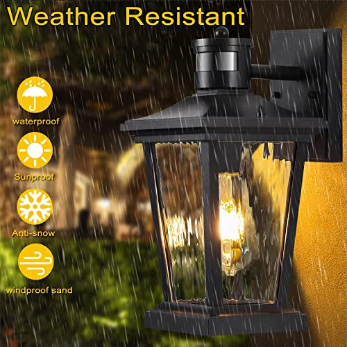 Karuoshirui Motion Sensor Outdoor Wall Lantern,Porch Lights Dusk to Dawn Sensor Exterior Light Fixtures Wall Mount,Aluminum Shell Black Outdoor Wall lamp Water Ripple Tempered Glass Outdoor Light