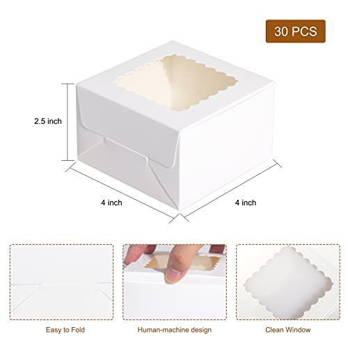 TEAMAX Cookie Boxes 30pcs 4x4x2.5 Inches White Cookie Boxes with Window, Bakery Boxes, Cupcake Boxes,Cake Boxes,Treat Boxes,Dessert Boxes,Mini Cake Boxes,For Birthday Party, Wedding, Valentine's Day