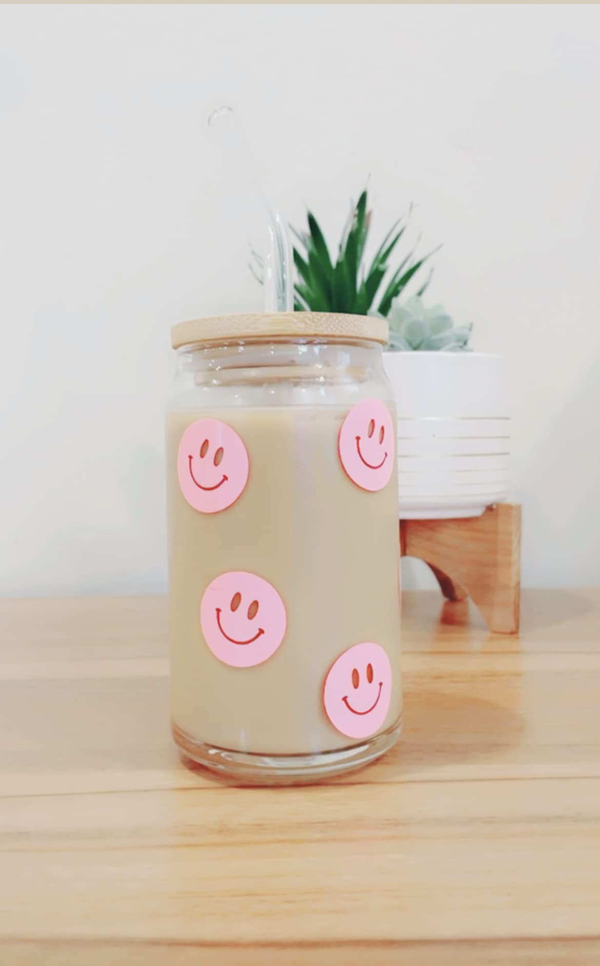 Iced Coffee Glass Cup with Bamboo Lid and Straw | 16oz Beer Can Glass | beer glass Cup | Can Shaped Glass Soda Can Cup | Pink Smiley face Glass Cup, Beer Glass Can, Glass Coffee Cup