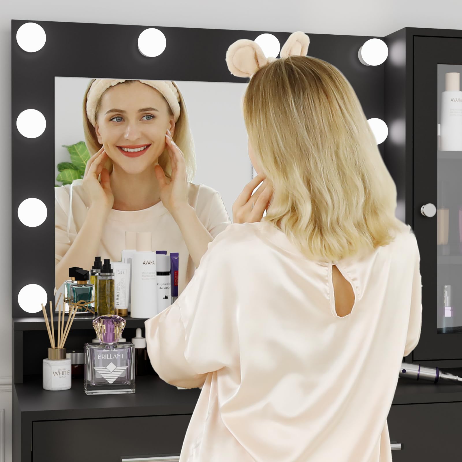 Likein Makeup Vanity Desk with Lights - Makeup Vanity with Power Strip, Vanity Desk with Mirror and Lights, Vanity Table with Mirror Drawers and Glass Door Cabinet, Black