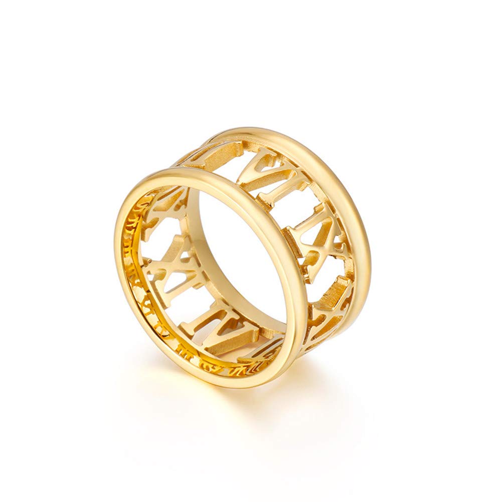 Elefezar Cut Out Roman Numeral Ring Stainless Steel Openwork Jewelry Wedding Band Gifts for Women 18K Gold 8