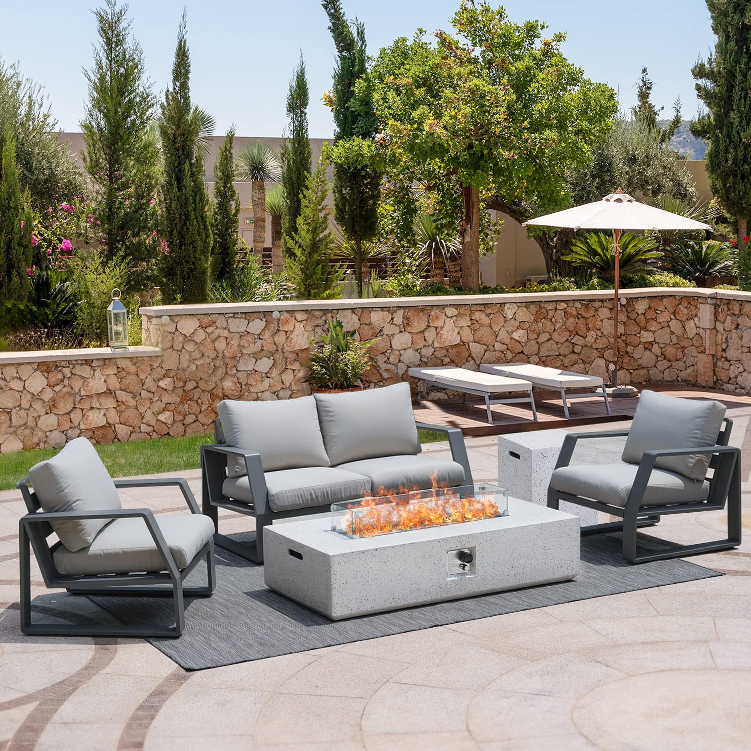 Essential Lounger 56 Inch Firepit Table for Outside, 50,000 BTU Rectangular Concrete Outdoor Fire Tables with Propane Tank Table, Glass WindGuard, Fire Glass Beads, Weatherproof Cover - White