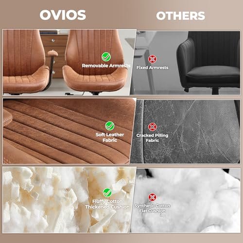 ovios Office Chair, Mid Century Modern Chair with Lumbar Support, Ergonomic High Back Suede Leather Executive Chair with Swivel Rolling Wheels, Brown