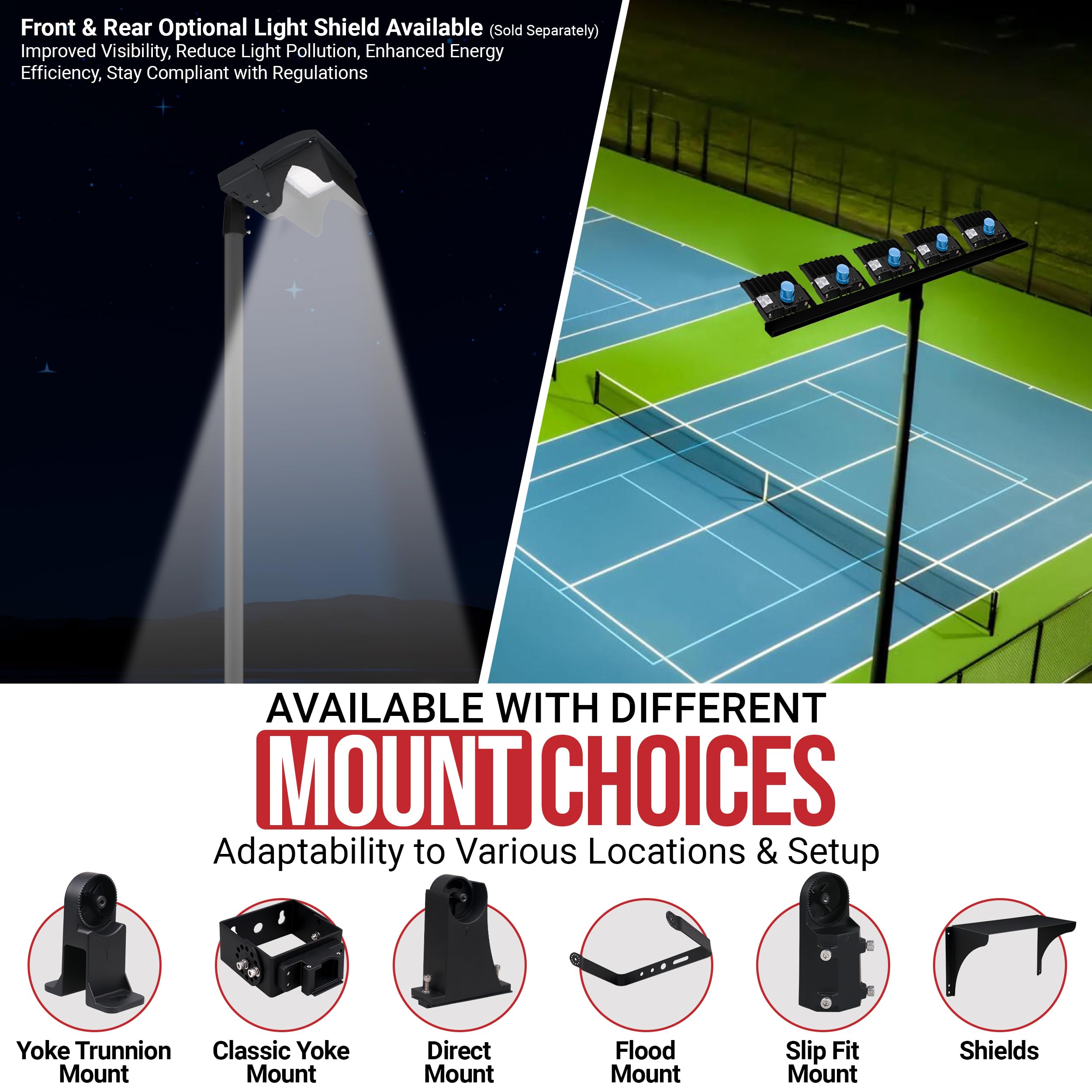 RuggedGrade 150 Watt LED NextGen III Parking Lot Lights - 21,000 Lumen - 5000K - Yoke Trunnion Mount - with photocell