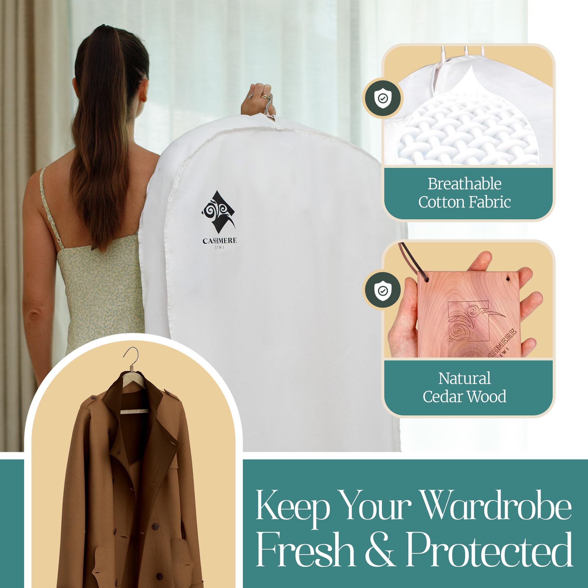 Premium 40β Short Cotton Garment Bag For Hanging Clothes And Storage | Wide 6β Gusset & 4 Cedar Blocks For Fresh Smell And Moth Protection | Best For Suits, Fur Coats, Leather Jackets, Sweaters.
