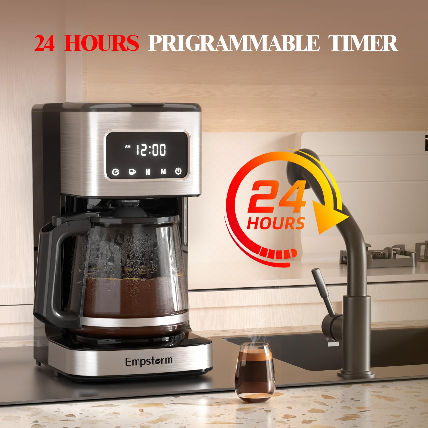 Empstorm 12 Cup Programmable Drip Coffee Maker - 1000W Fast Brew Coffee Machine with Glass Carafe, Auto Shut Off & 4-Hour Keep Warm, Anti-Drip System, Strong Brew, Black with Stainless Steel Accents