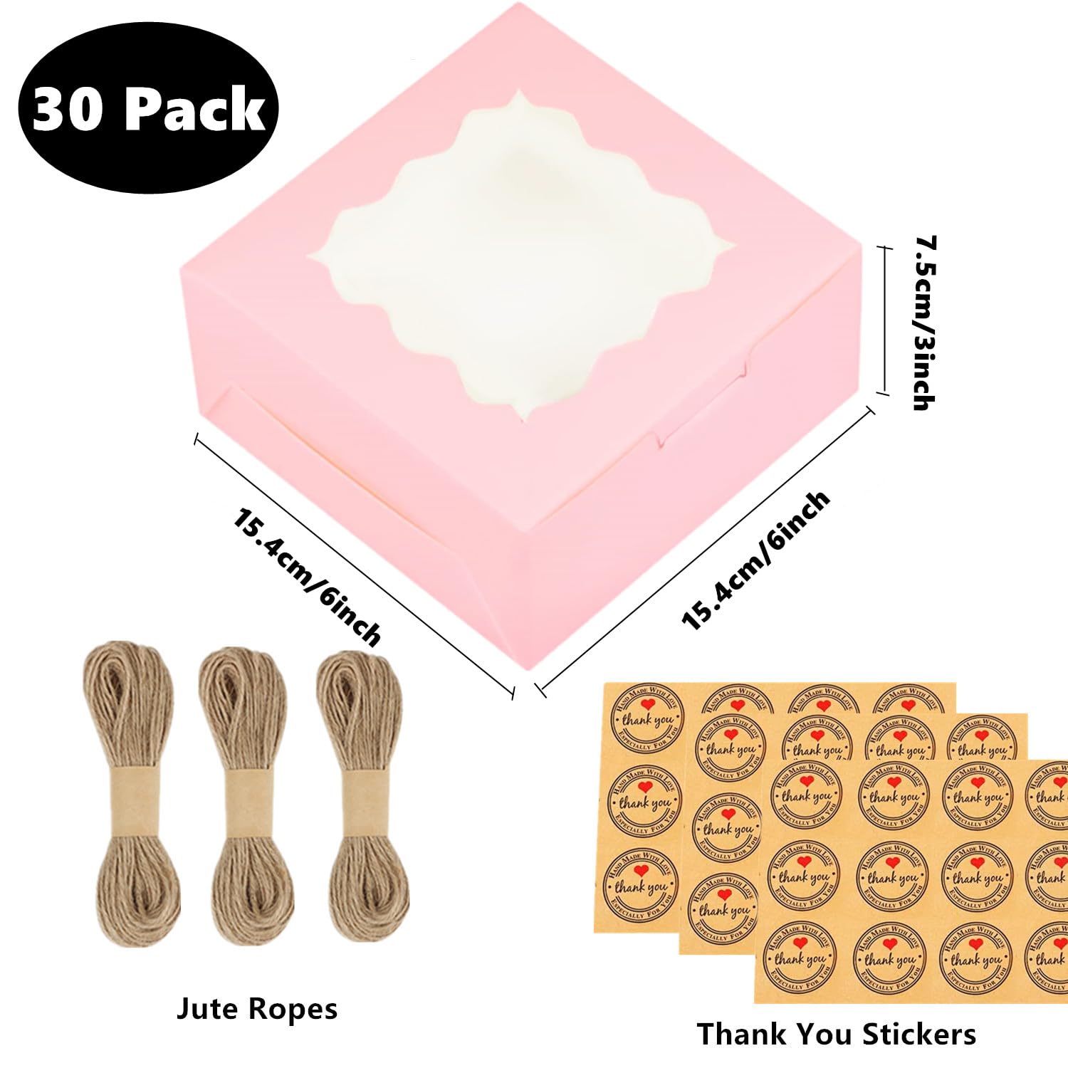 GUIFIER 30 PCS Bakery Boxes with Window 6x6x3 Inches, 6 Inch Cake Boxes, Paper Cookie Boxes, Small Pie Boxes, Treat Gift Boxes for Strawberry, Cupcake, Pastry, Donuts, Dessert, Brownie (Pink)