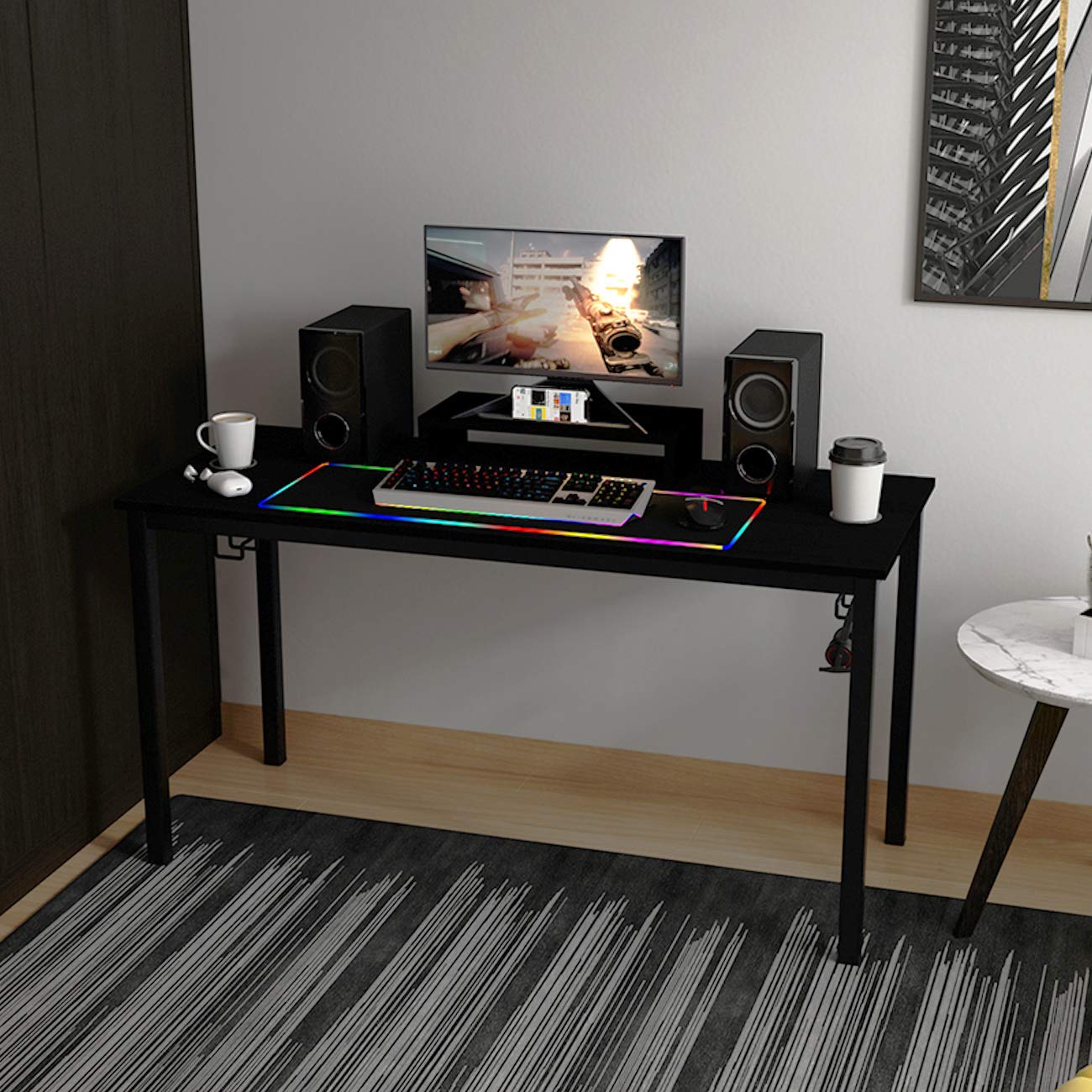 DlandHome Gaming Computer Desk with RGB LED Mouse Pad, 55 inches Gaming Table/Workstation with Display Stand, ND14 Pro, Black and Black Legs