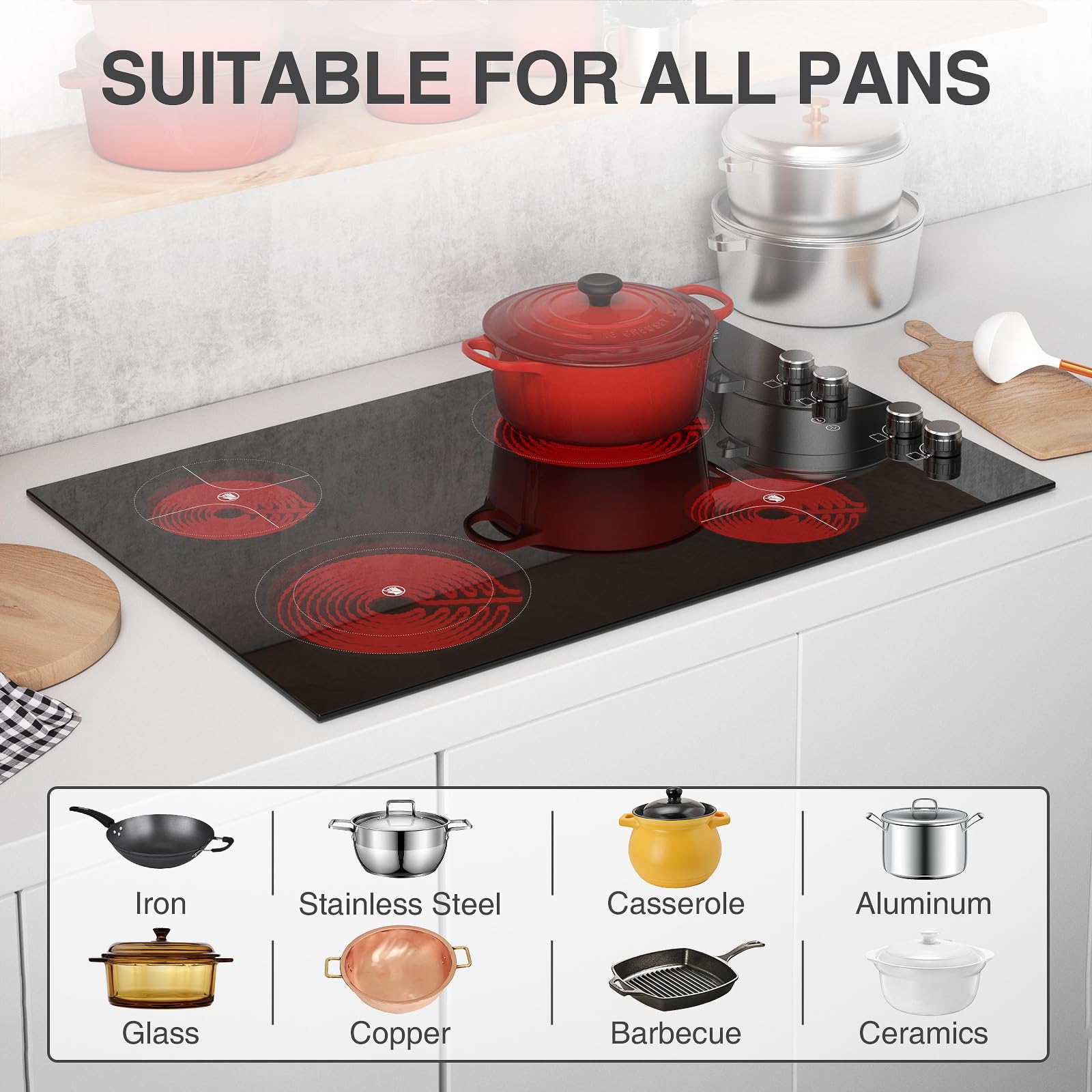 Electric Cooktop 30 Inch, Electric Stove Top 4 Burner 7200W, POTFYA Build-In Electric Ceramic Cooktop for Cooking, 220-240V, Knob Control,No Plug,Suitable for all Pans
