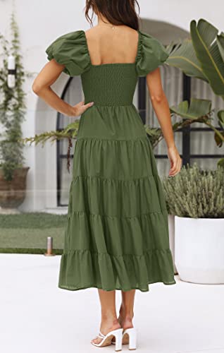 ZESICA Women's 2023 Summer Square Neck Short Puff Sleeve Solid Color High Waist Casual Smocked Flowy A Line Tiered Midi Dress,ArmyGreen,Small