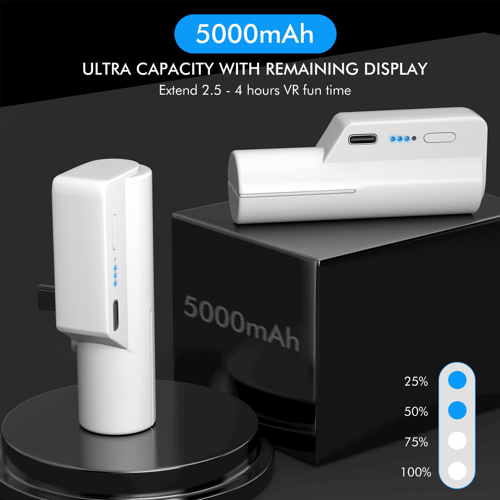 GRADETEK Oculus Quest 2 Battery Pack, Rechargeable 5000mAh for Oculus Quest 2 Original Head Strap and Elite Strap, Fast Charging Extended Batterry Compatible with USB C Phones