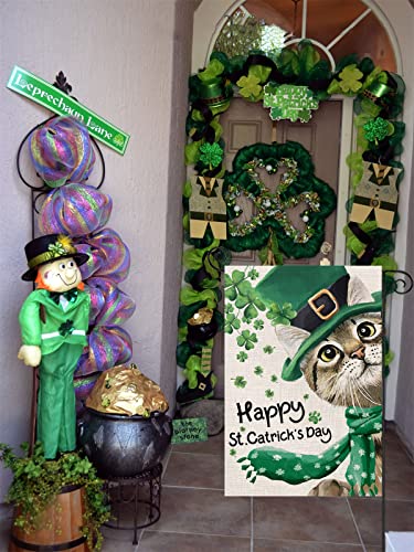 Happy St Patricks Day Garden Flag for Outdoor,Cat with Green Hat Scarf Shamrock Small Yard Flag,Spring Saint Patrick Decors for Outside Farmhouse Holiday 12x18 Double Sided