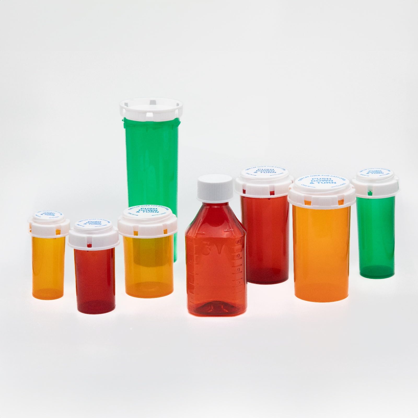 Plastic Liquid Medicine Bottle 16 oz (Case of 50 Bottles), Child Resistant Cap, Amber PET Airtight Pharmacy Bottle 16 oz, Push Down and Turn Cap, Waterproof, Reusable and Recyclable, Oval Bottles