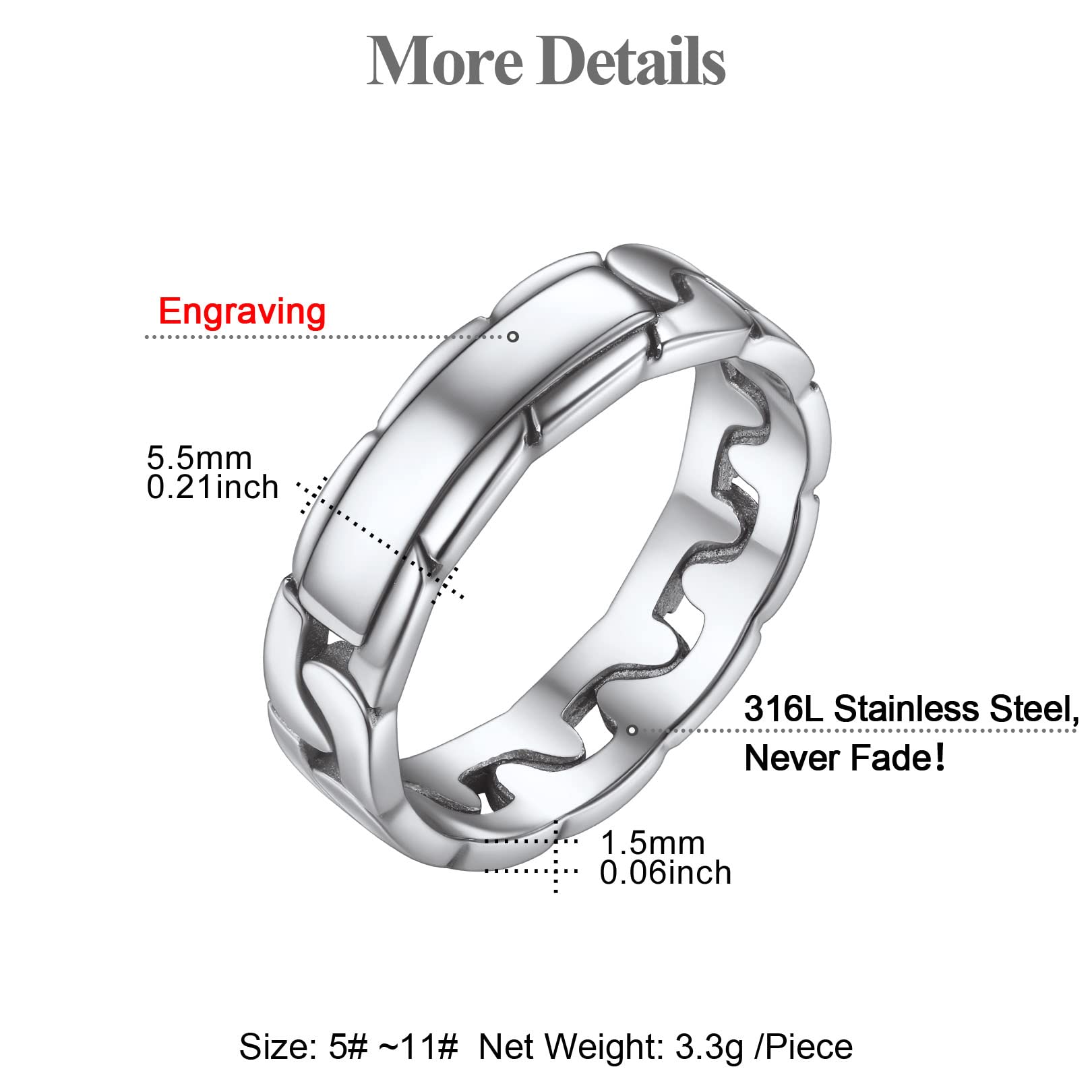 FOCALOOK Womens Stainless Steel 5.5mm Wide Band Cuban Link Chain Ring (Silver,7)