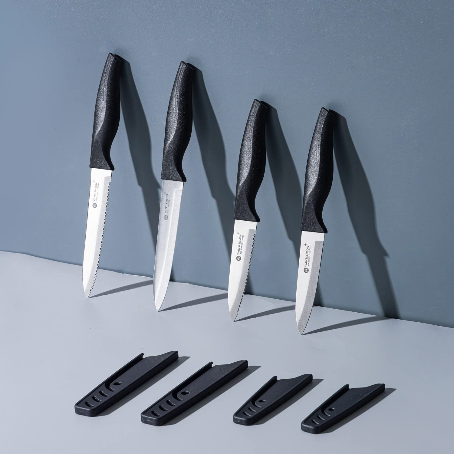 VSL VANSLENSON Multipurpose Kitchen Knife set 4 inch Paring Knife with Cover, Steak Knife, 5 inch Utility Knife, 5 inch Serrated Blade Knife Black Handle (Set of 4 mixed combo)